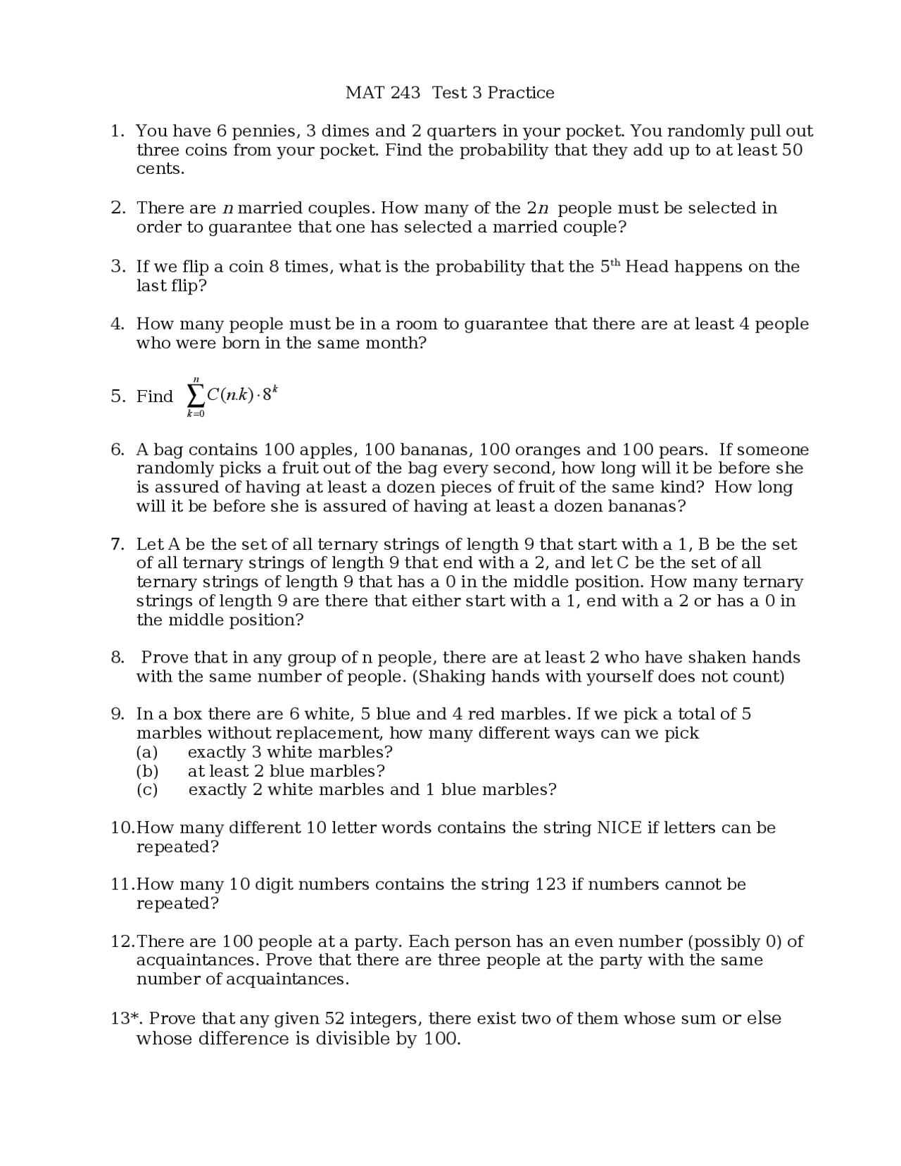 Practice Exam 3 Discrete Mathematics Structures Mat 243 Docsity