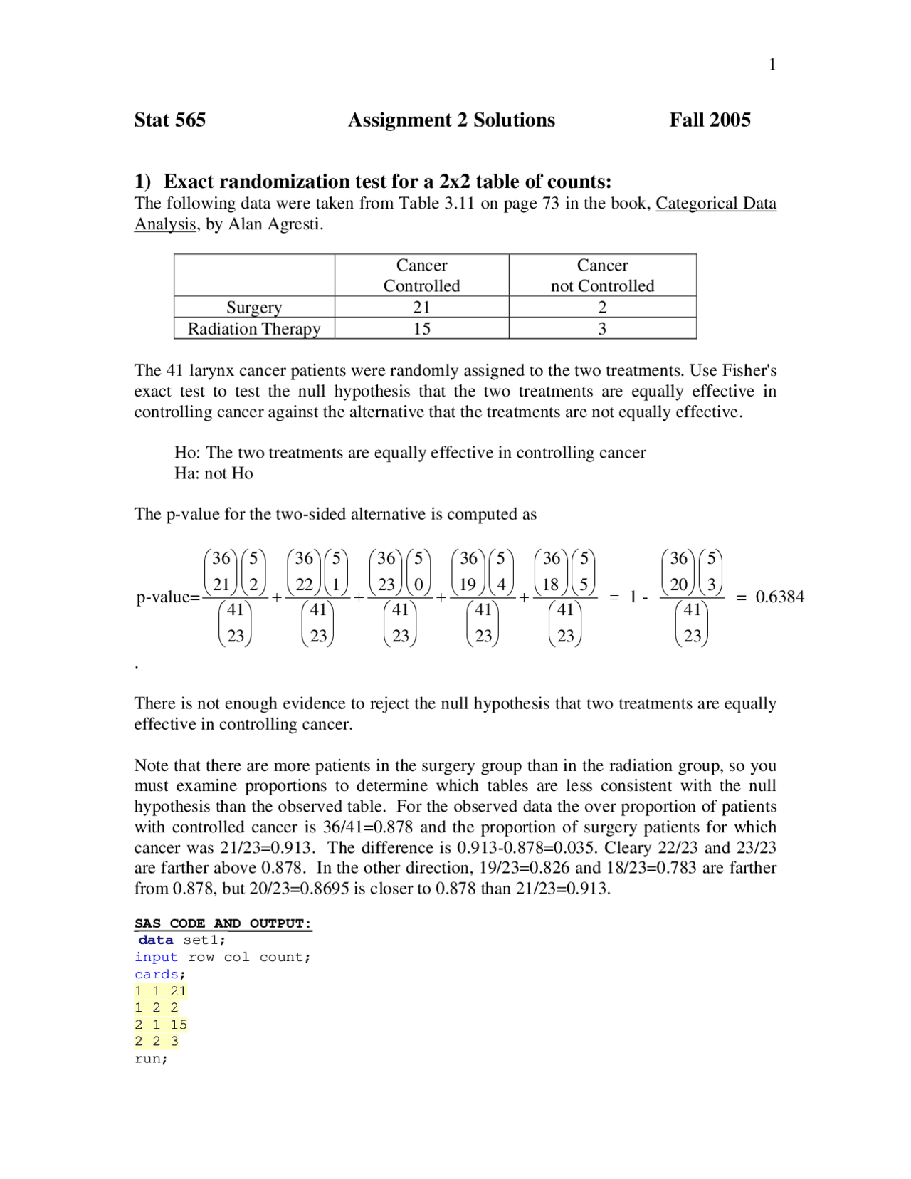 Assignment 2 Solutions Methods In Biostatistics Stat 565 Docsity
