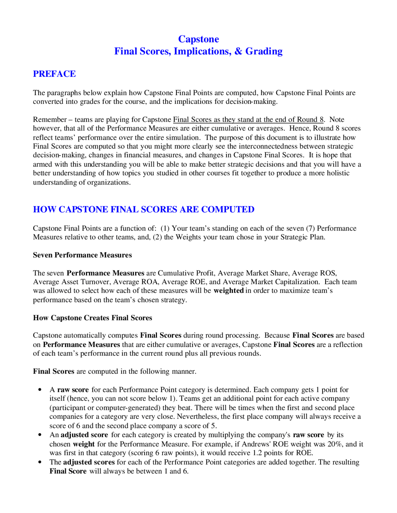 Capstone Final Scores, Implications, and Grading | MGT 460 - Docsity