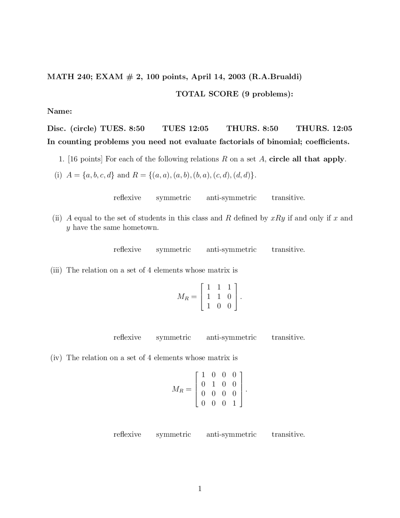 Exam 2 Question On Introduction To Discrete Mathematics Math 240