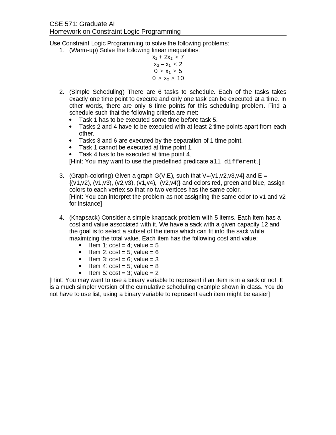 Homework On Constraint Logic Programming Artificial Intelligence Cse 571 Docsity