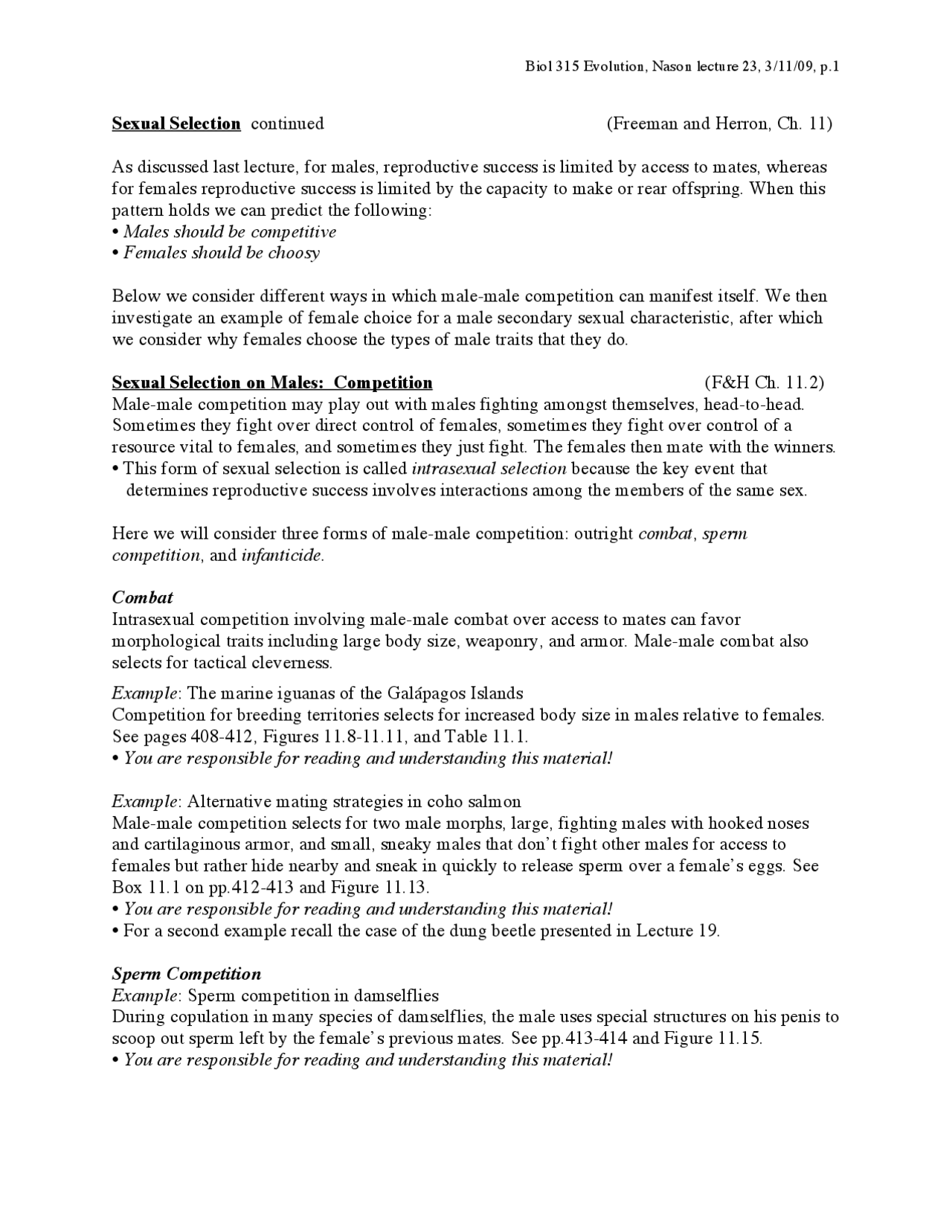 Notes On Sexual Selection Biological Evolution Biol 315 Docsity