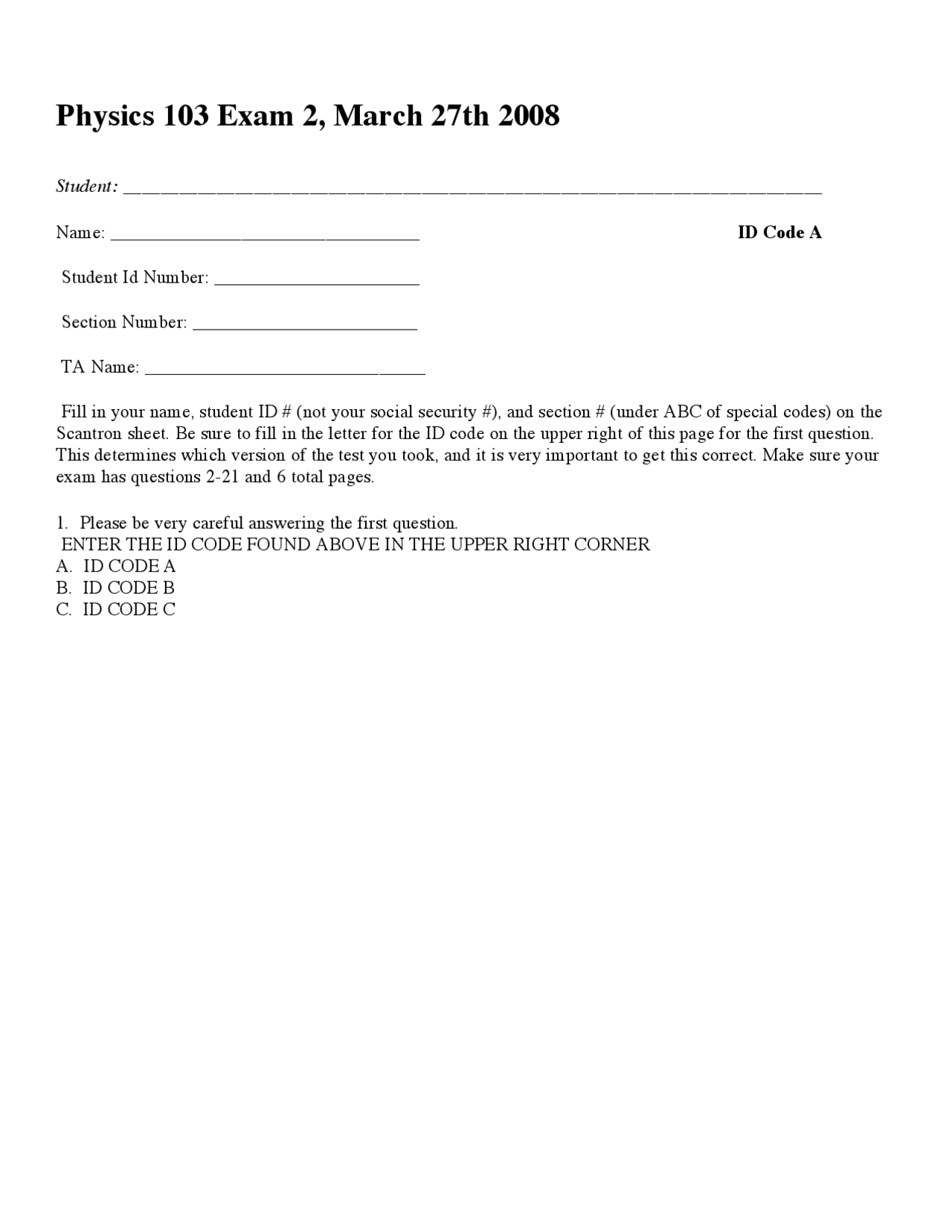Exam 2 With Answers General Physics Physics 103 Docsity
