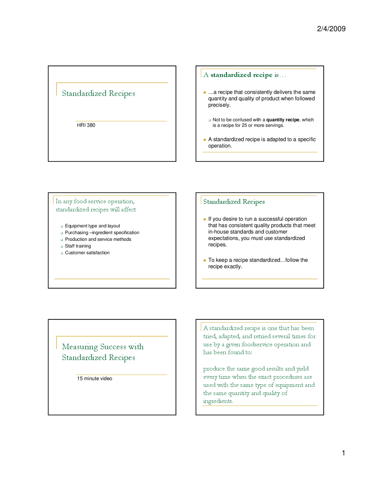 Standardized Recipes Lecture Slides Hri 380 Docsity