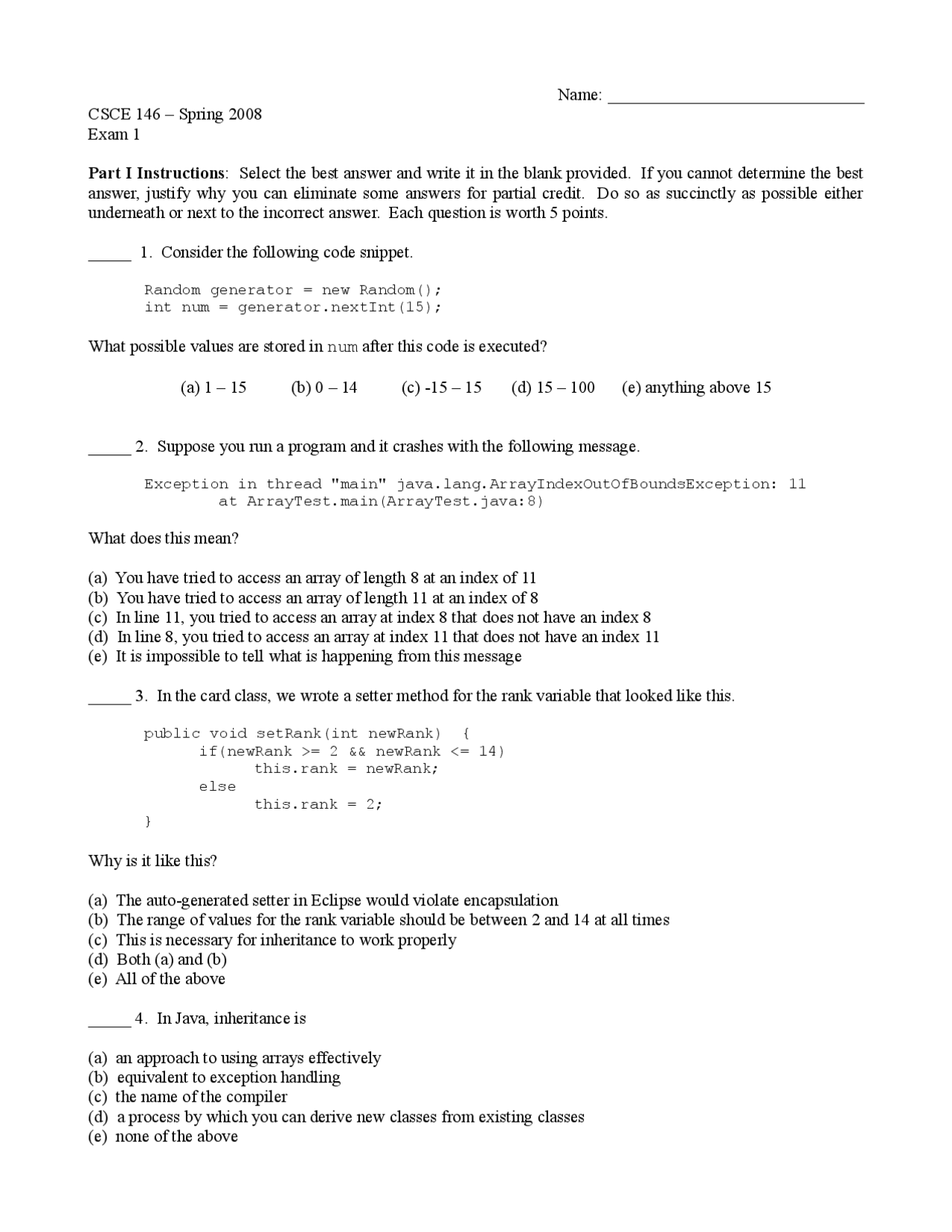 Exam 1 Questions 2008 Algorithmic Design Ii Csce 146 Docsity 