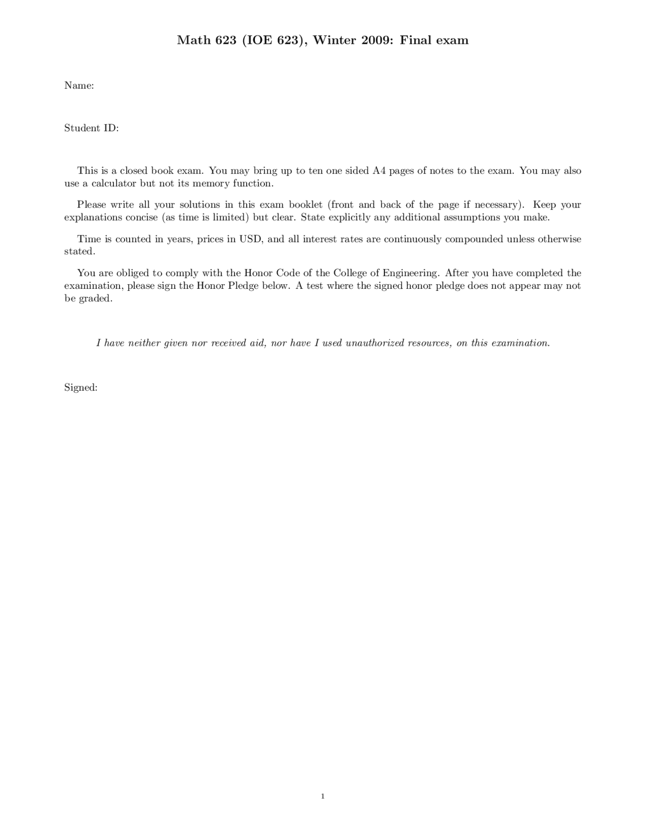 Final Exam for Math 623 (IOE 623) - Computing European and Asian Option Values | Exams ...