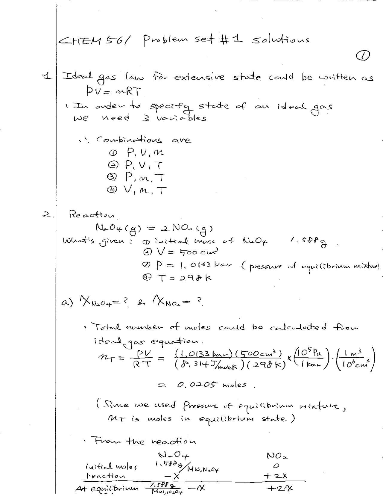 Physical Chemistry Answers For Problem Set 1 Chem 561 Assignments