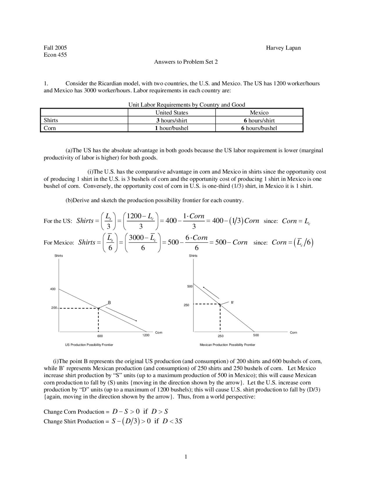 International Trade Answers For Problem Set 2 Econ 455 Docsity