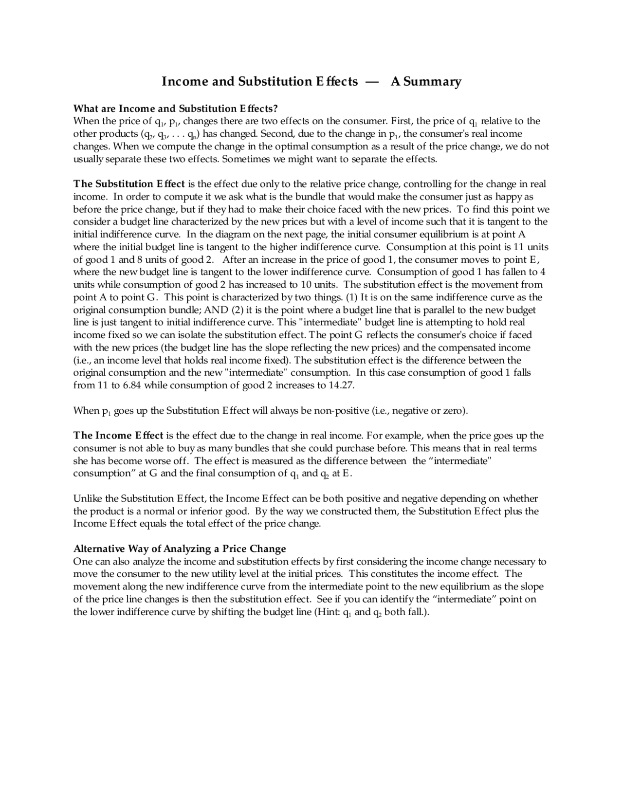 Income and Substitution Effects - Summary | ECON 101 - Docsity