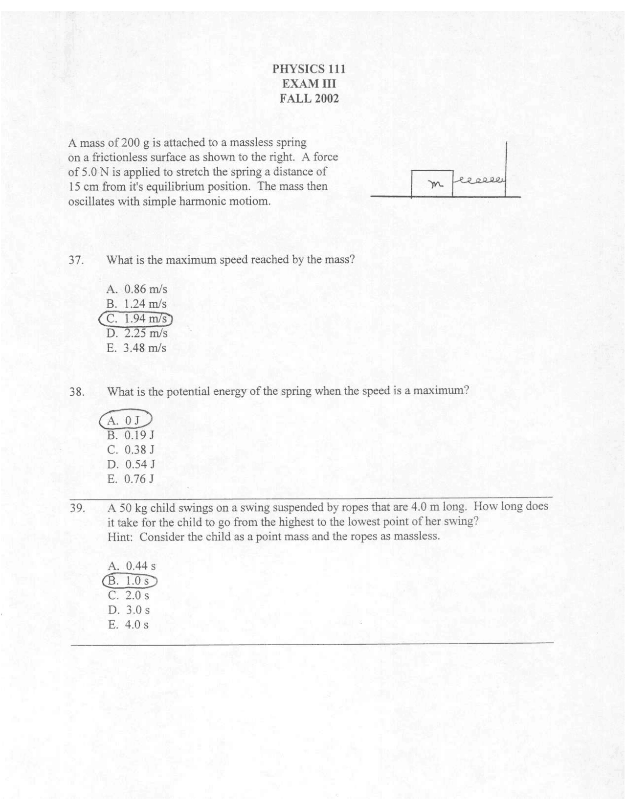 Old Exam Solved General Physics Fall 2002 Phys 111 Docsity