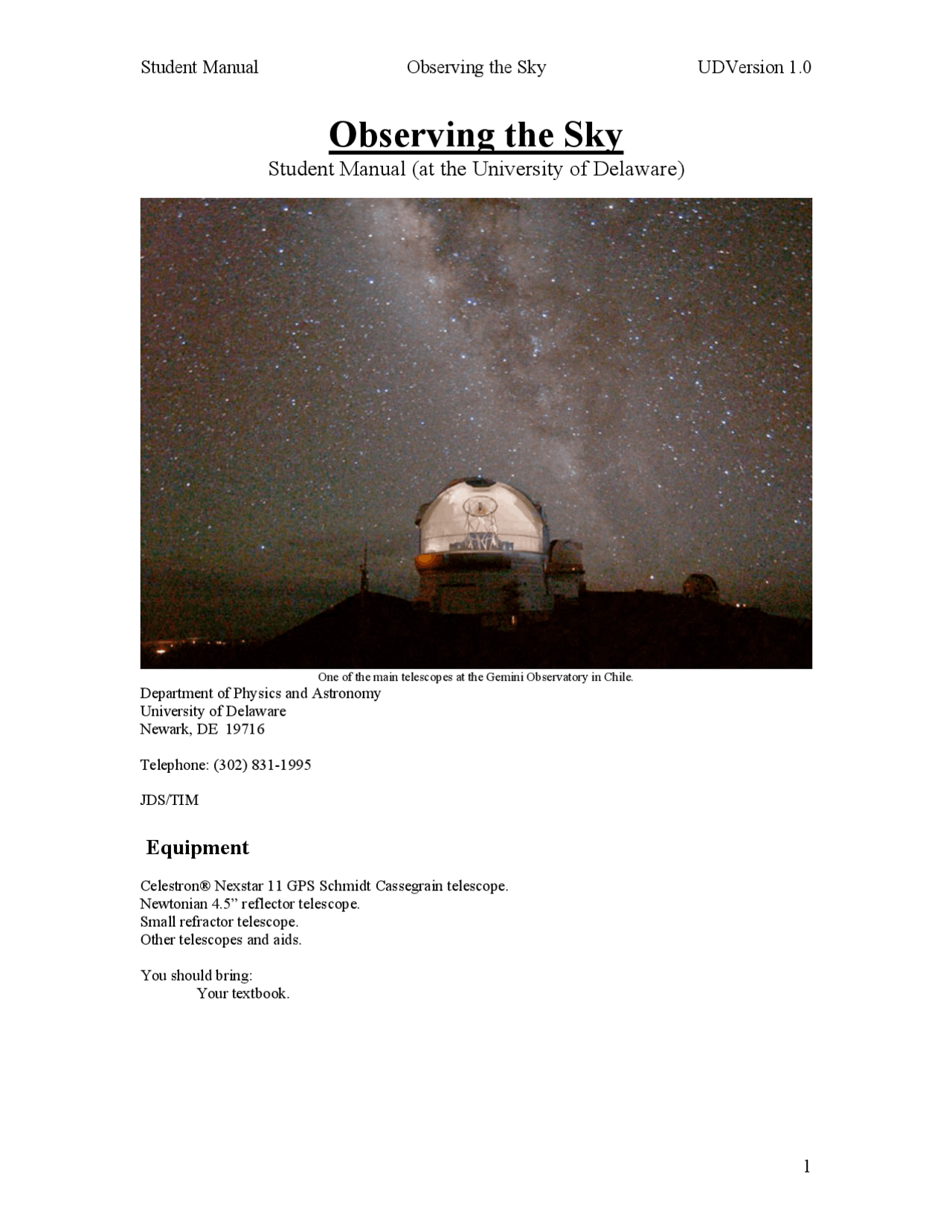 Notes on Observing the Sky - Student Manual | PHYS 133 | Lab Reports ...