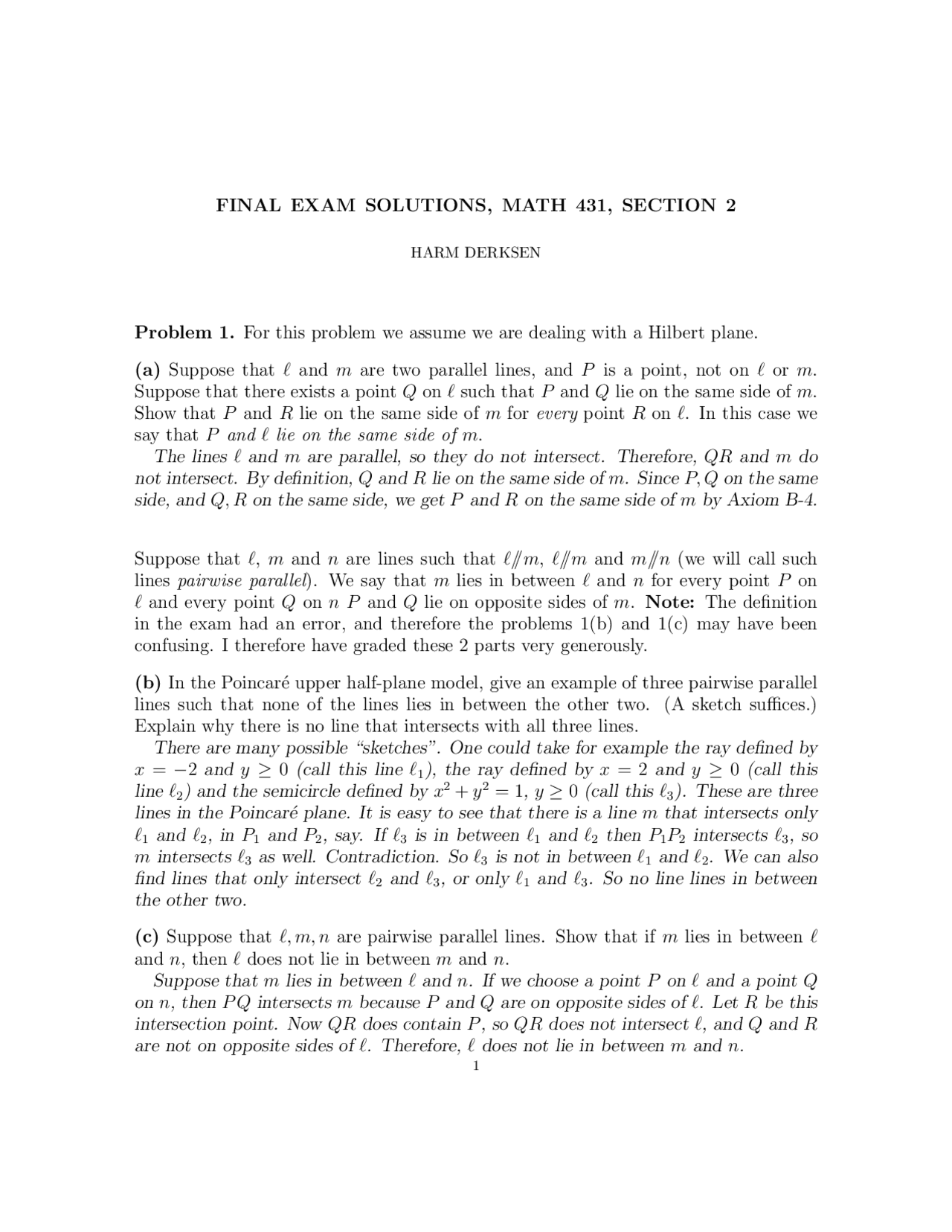 7 Problems on Geometry - Final Examination | MATH 431 | Exams Mathematics | Docsity