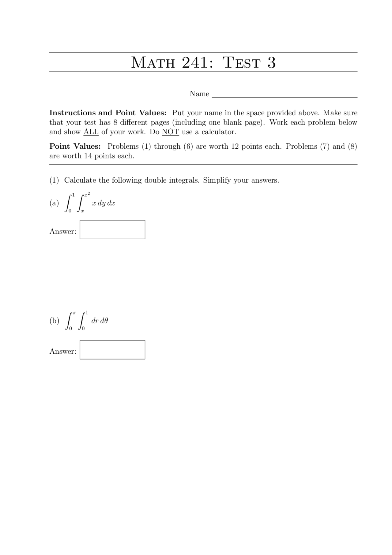 8 Questions In Vector Calculus Exam 3 Math 241 Exams Calculus