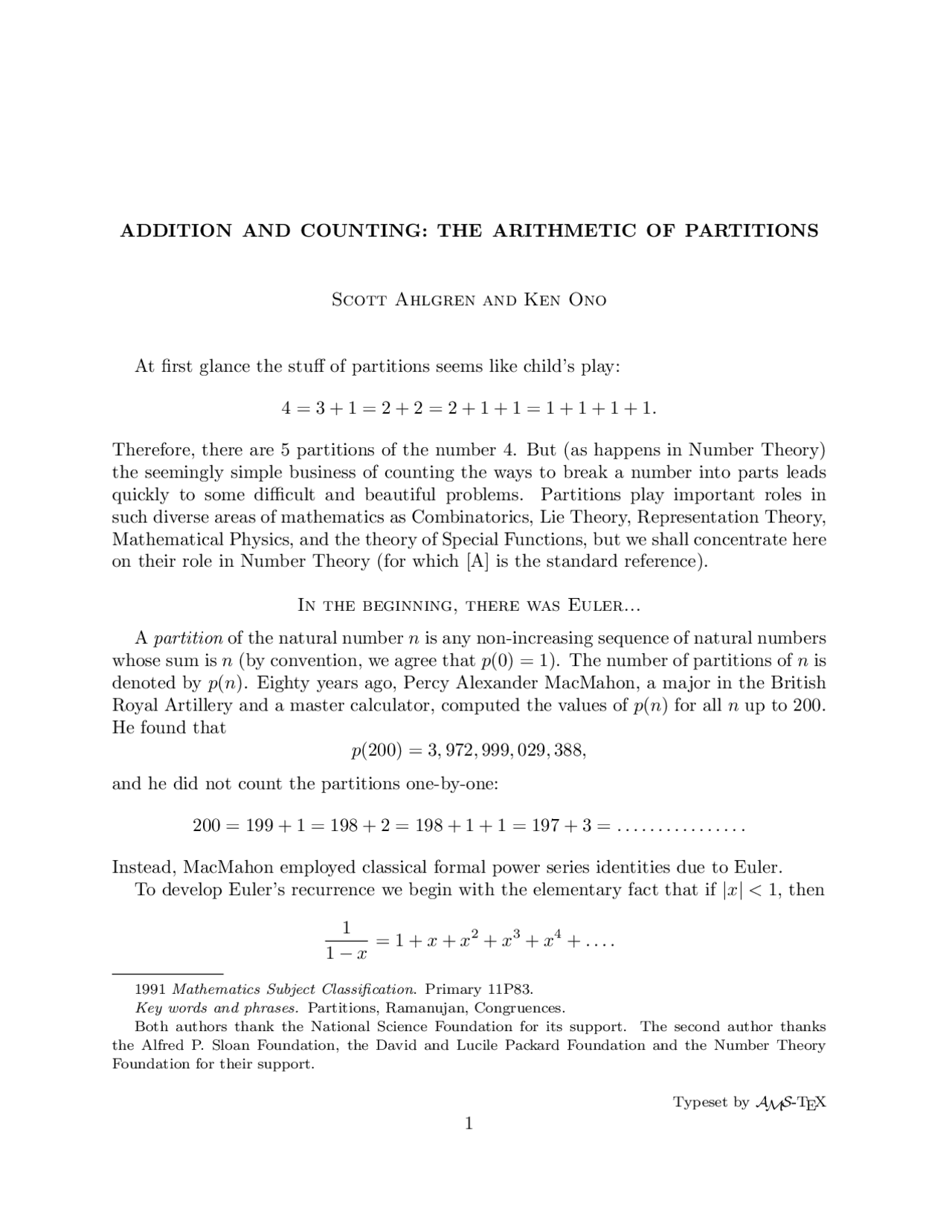Addition And Counting The Arithmetic Of Partitions Lecture Notes