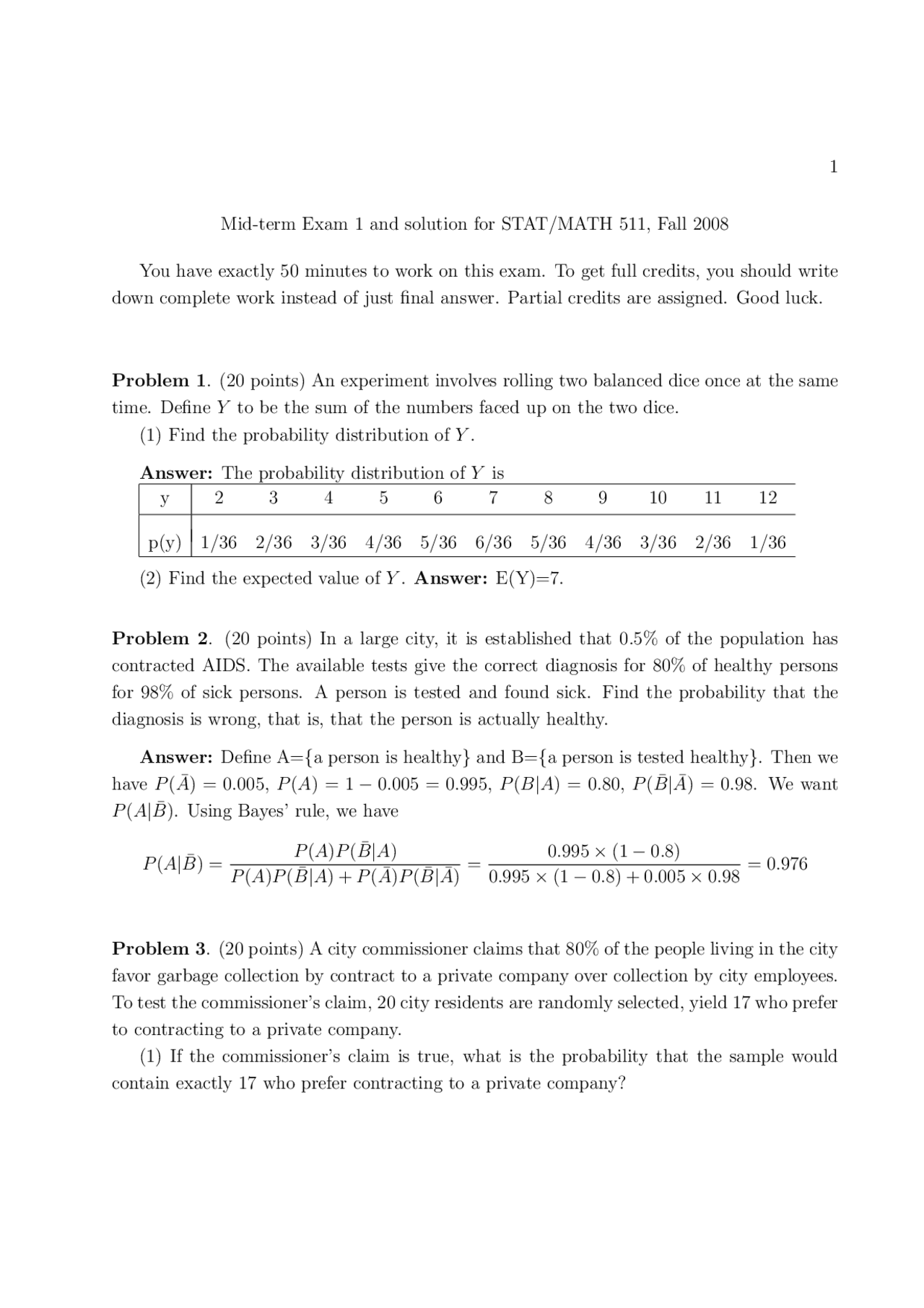 Midterm Exam 1 with Solution - Probability | MATH 511 - Docsity