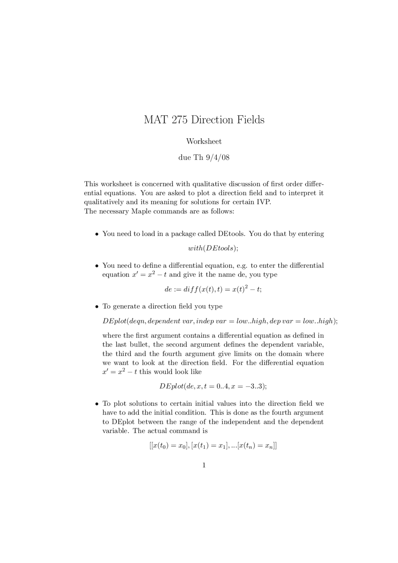 Direction Fields Modern Differential Equations Mat 275 Docsity