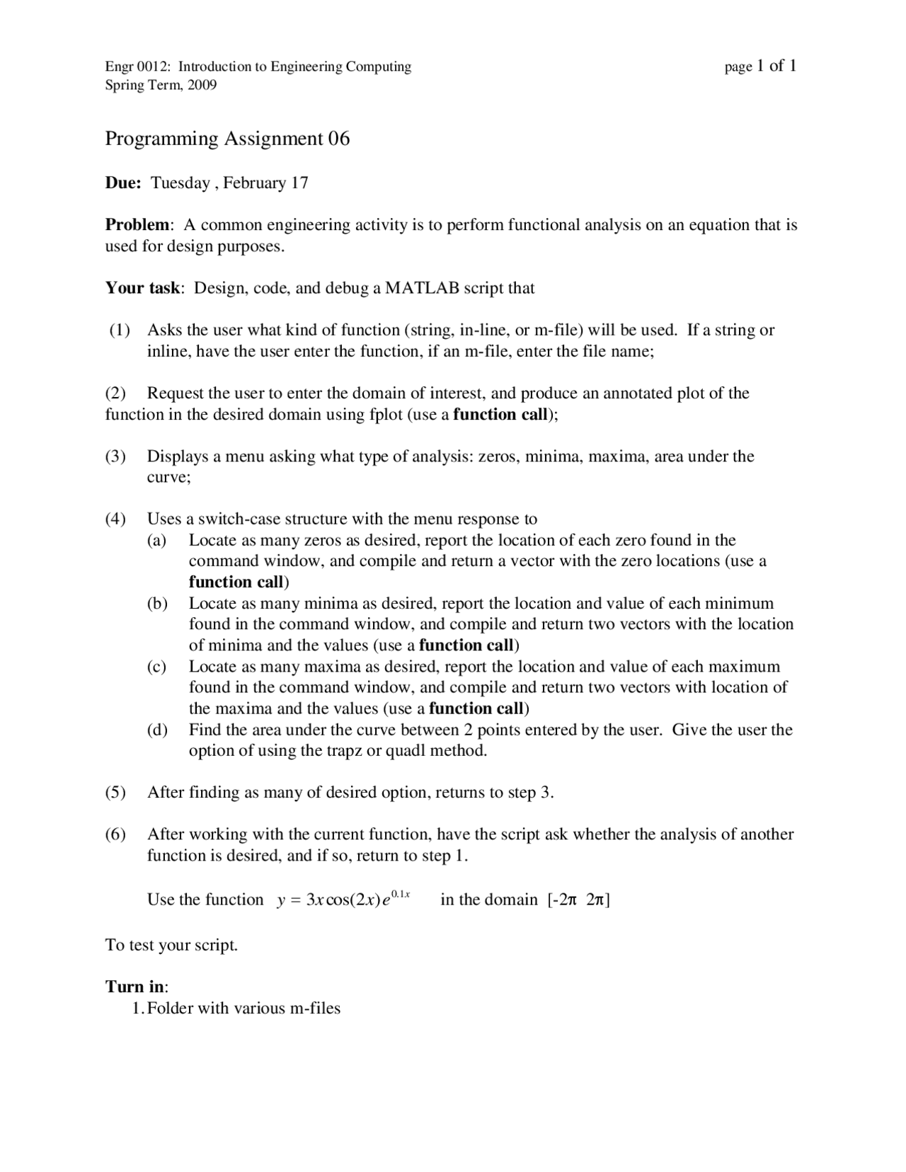 Assignment 6 For Introduction To Engineering Computing Engr 0012 Docsity