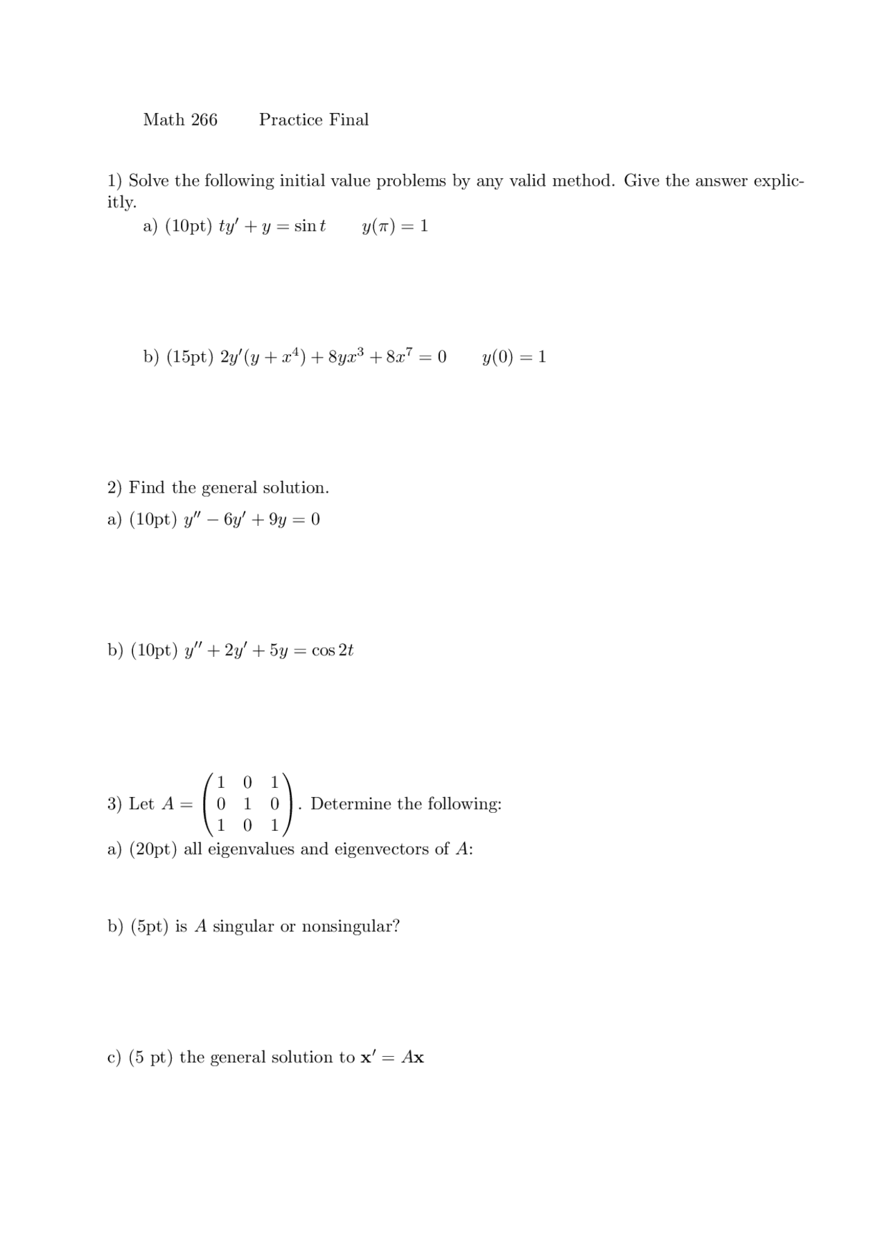 Practice Final for Elementary Differential Equations | MATH 266 - Docsity