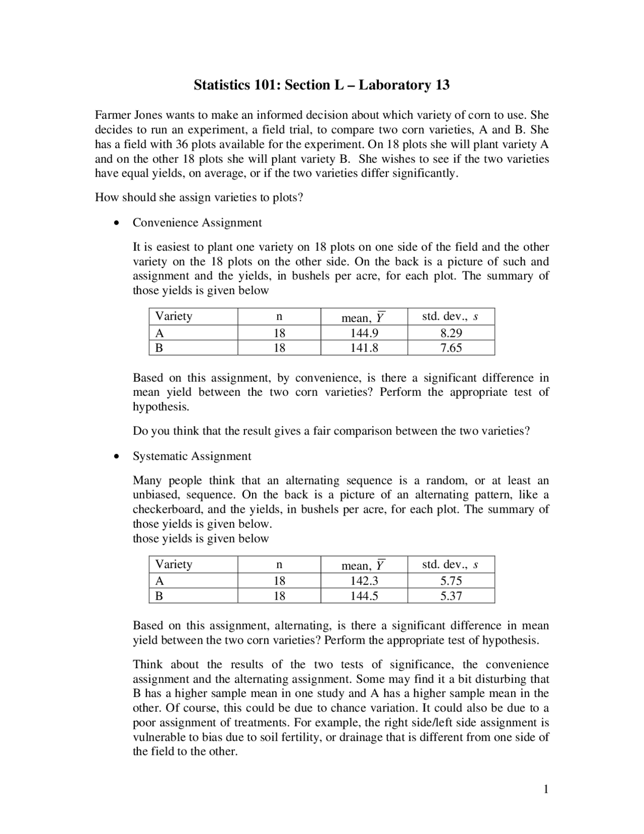 Lab 13 Convenience Systematic Random Assignment Stat 101 Docsity