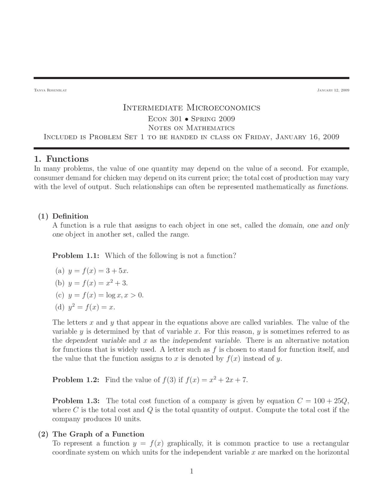 Econ 301 Intermediate Microeconomics: Mathematics and Functions | Assignments Microeconomics ...