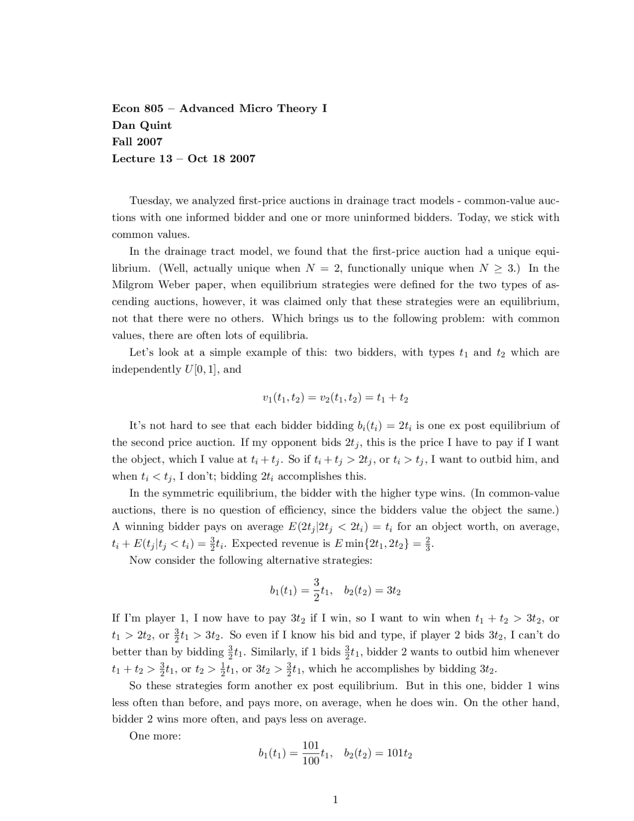 Drainage Tract Models Advanced Microeconomic Theory I Handout
