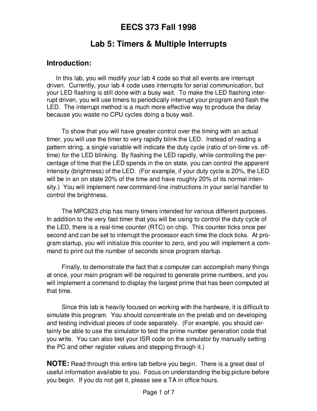 Lab 5: Timer and Multiple Interrupts | EECS 373 - Docsity