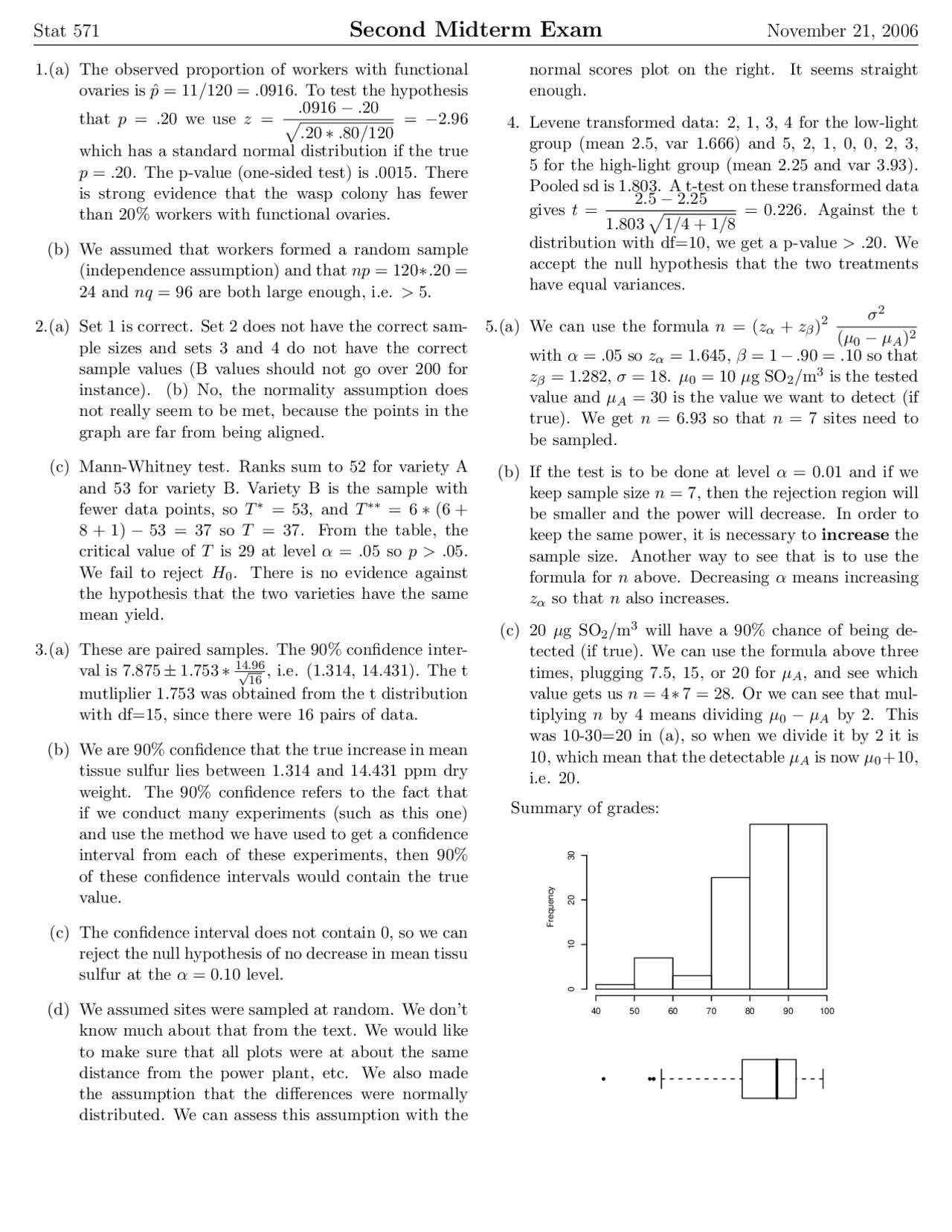 Midterm Exam 2 Questions Statistical Methods For Bioscience I Stat