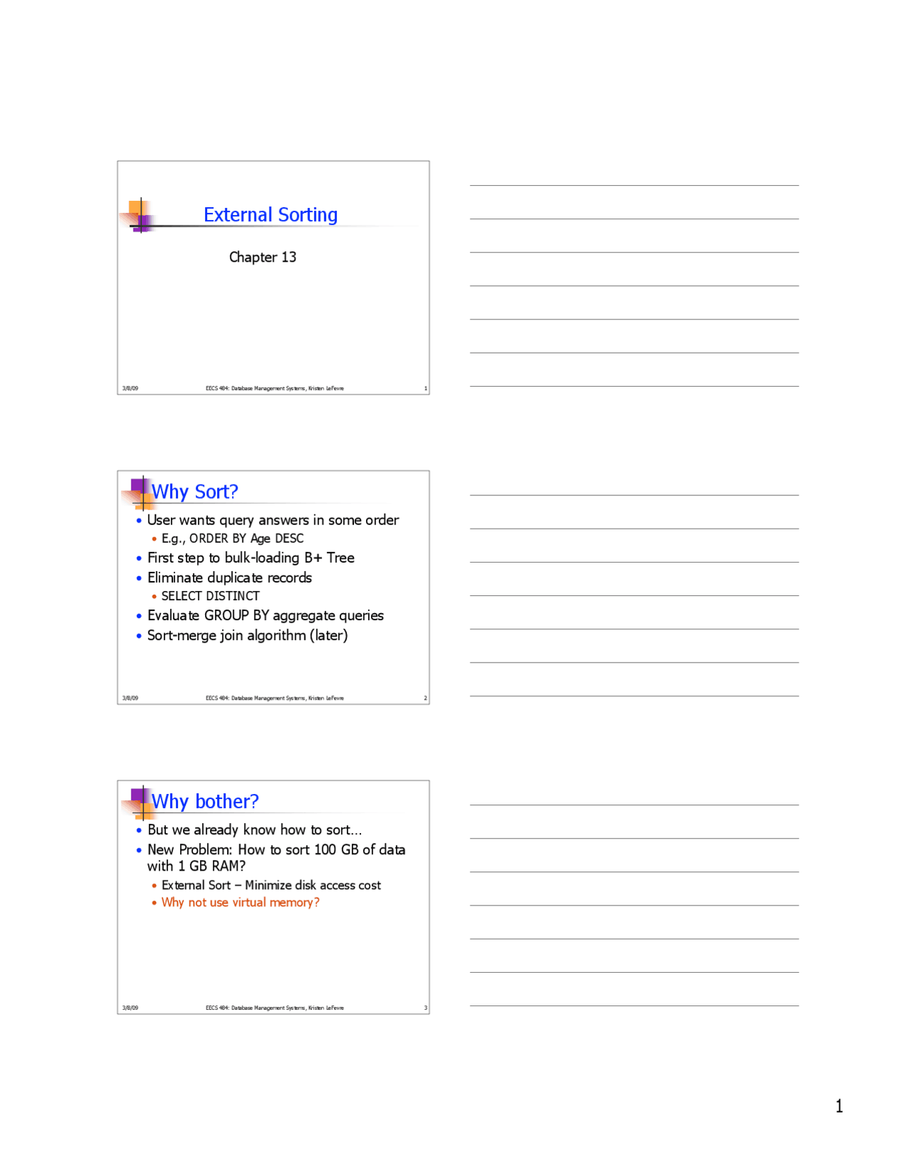 Lecture Slides For External Sorting Database Management Systems Eecs 484 Docsity