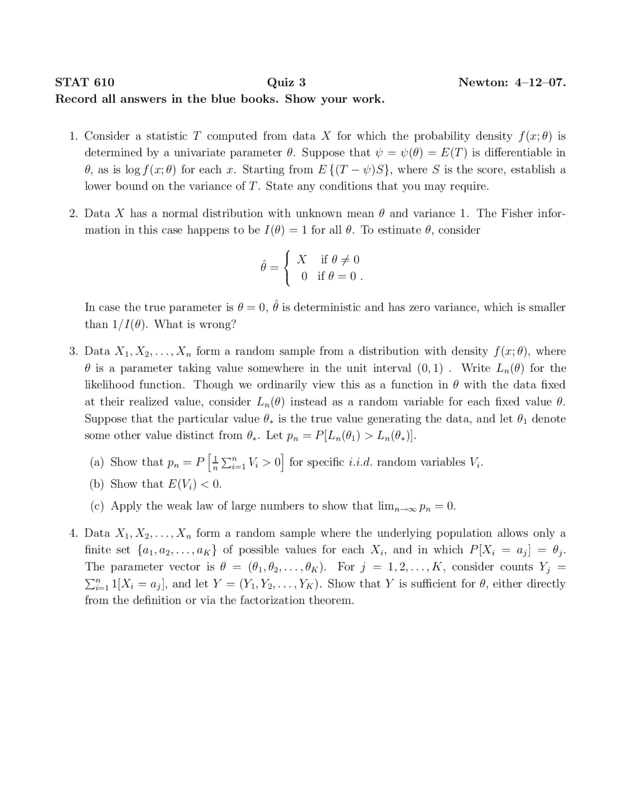 Introduction to Number Theory - Questions for Quiz 3 | STAT 610 - Docsity