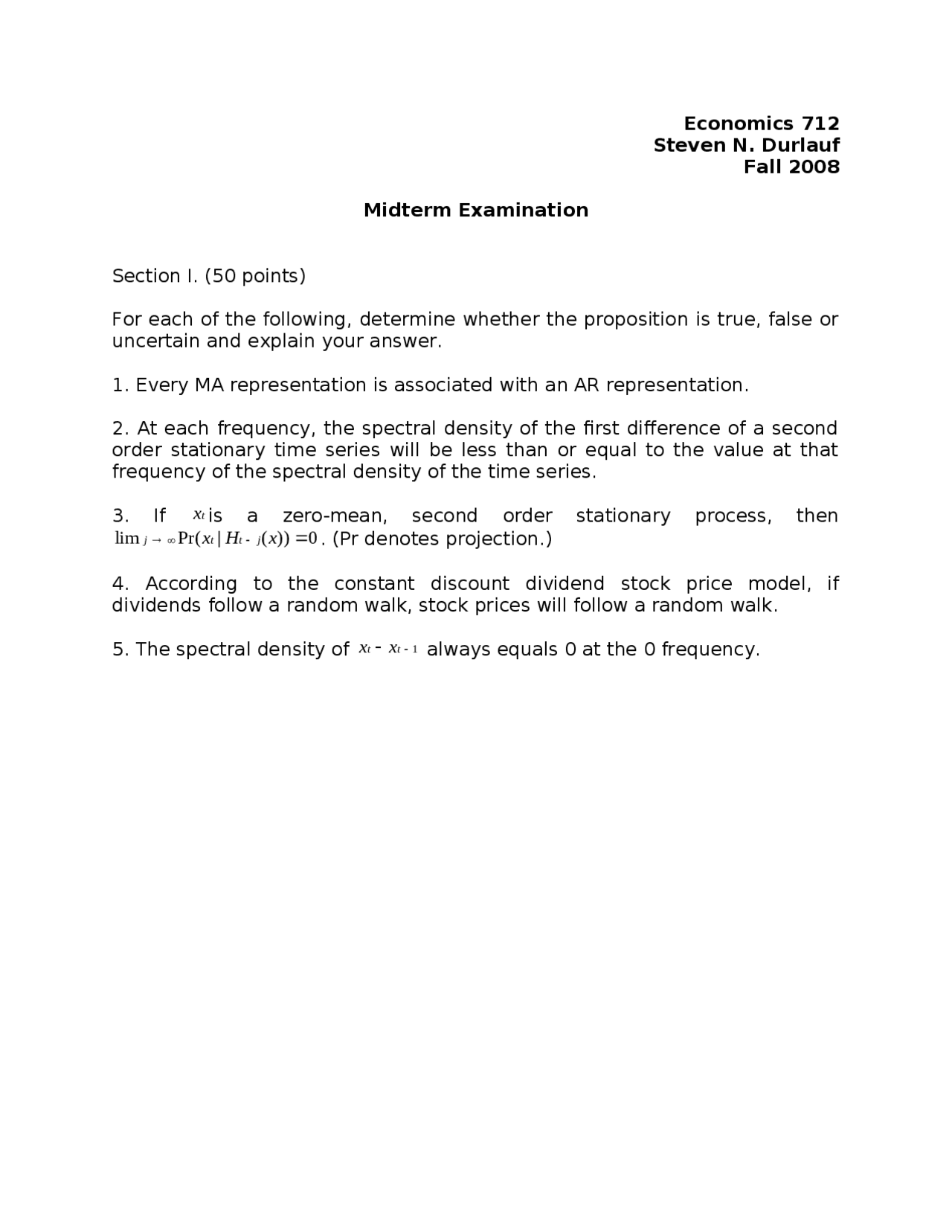 Midterm Exam Economic Theory Macroeconomics Sequence Econ 712