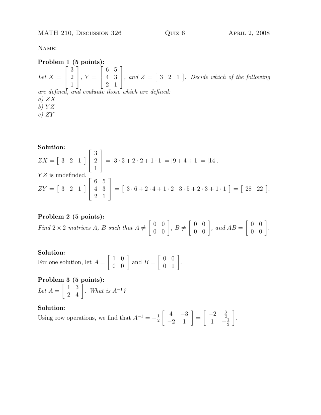 Quiz 6 With Solution For Topics In Finite Mathematics Math 210 Docsity