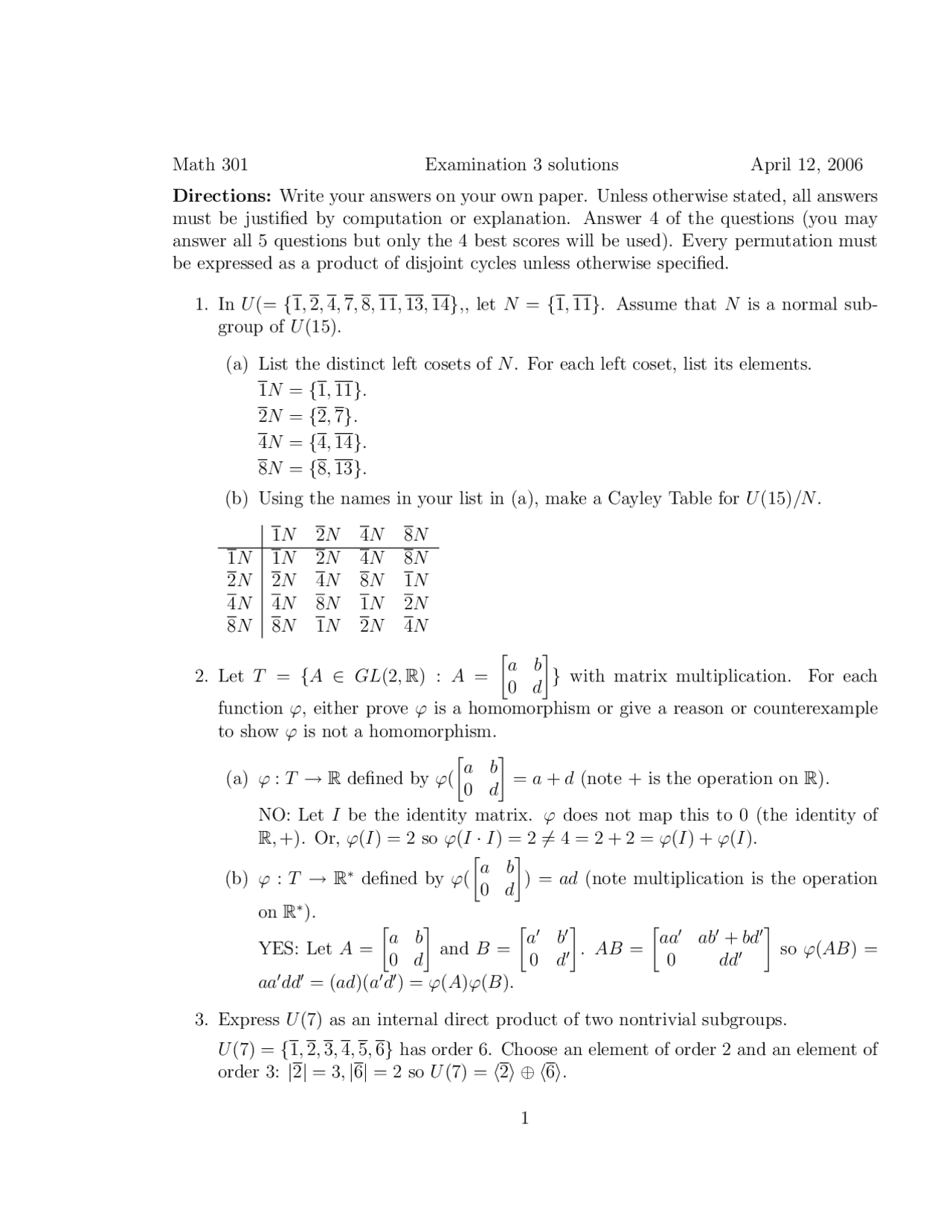 Old Examination 3 With Solutions Abstract Algebra I Math 301 Docsity