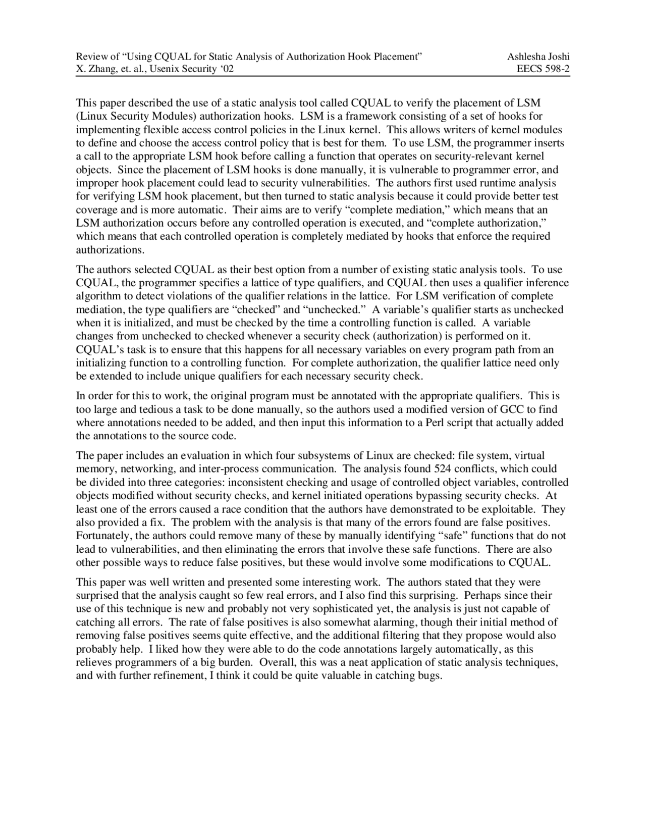 Review of Using CQUAL for Static Analysis of Authorization Hook Placement | EECS 598 - Docsity