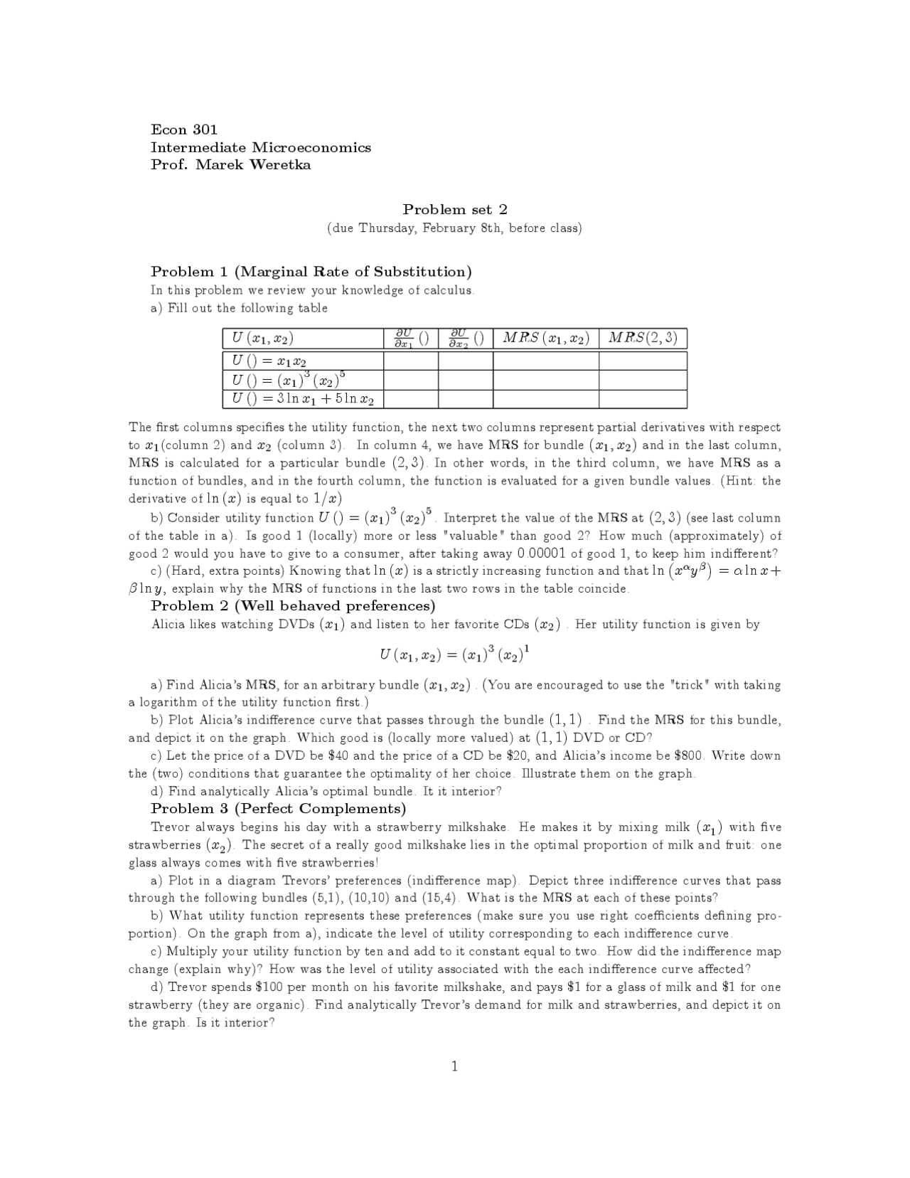 4 Questions For Assignment 2 Intermediate Microeconomic Theory Econ