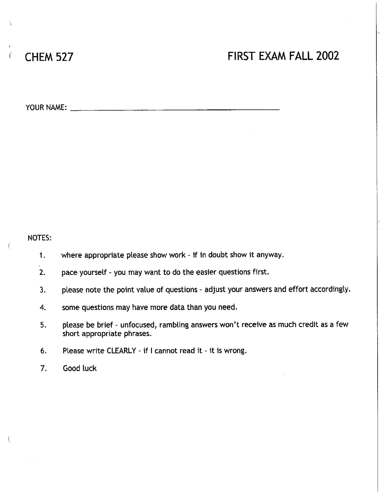 Introductory Biochemistry - Old Exam 2002 | CHEM 527 - Docsity