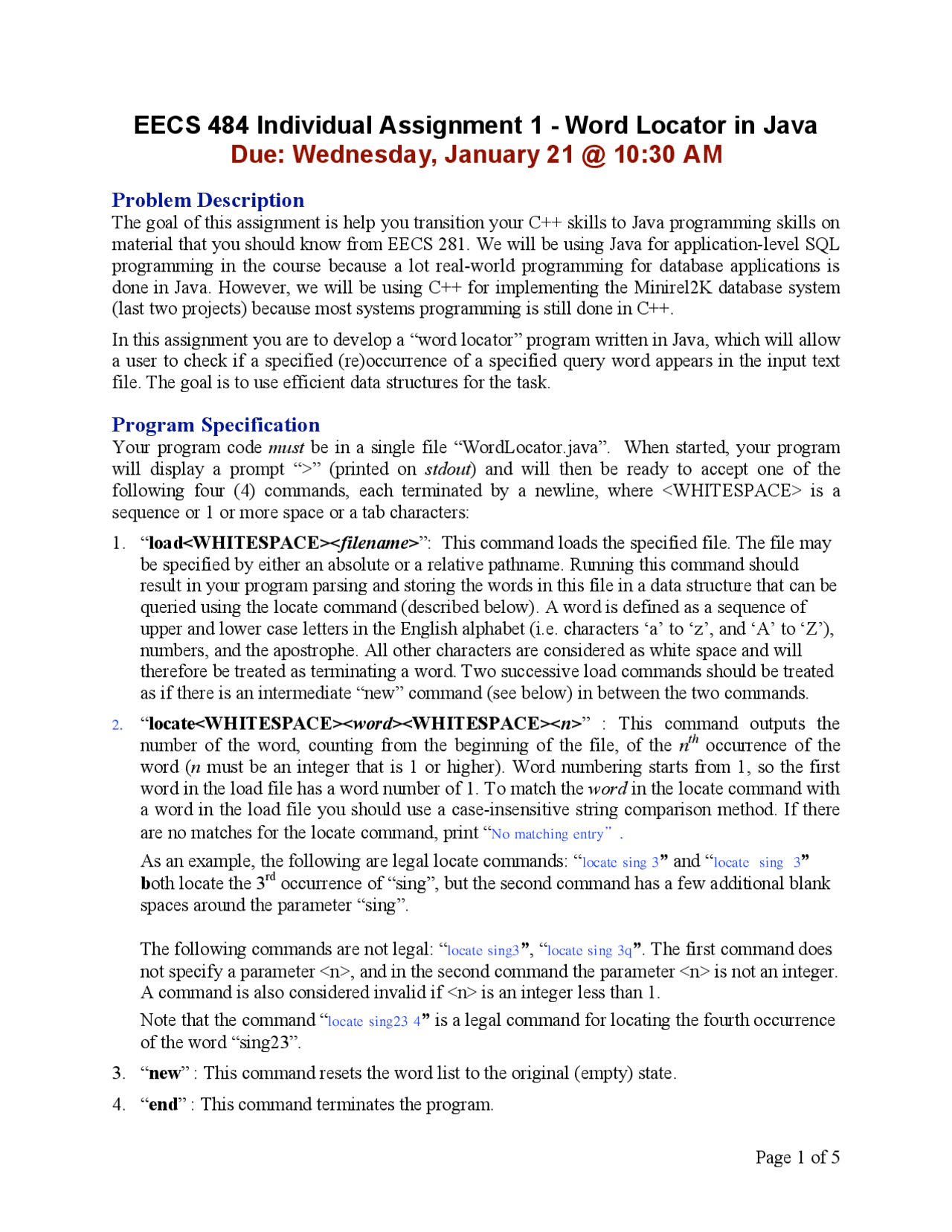 Word Locator in Java in Database Management System - Assignment 1 | EECS 484 - Docsity