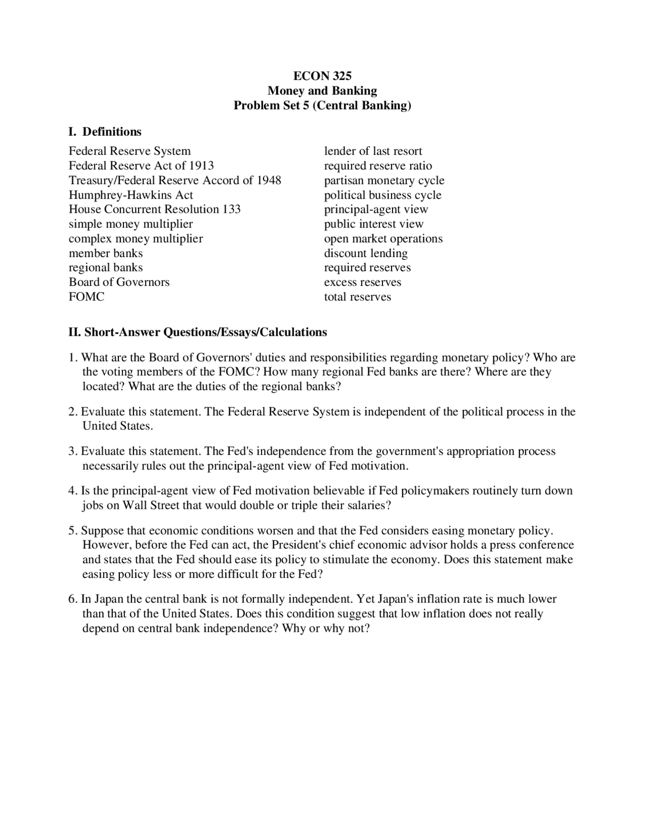 Problem Set 5 Money And Banking Econ 325 Docsity