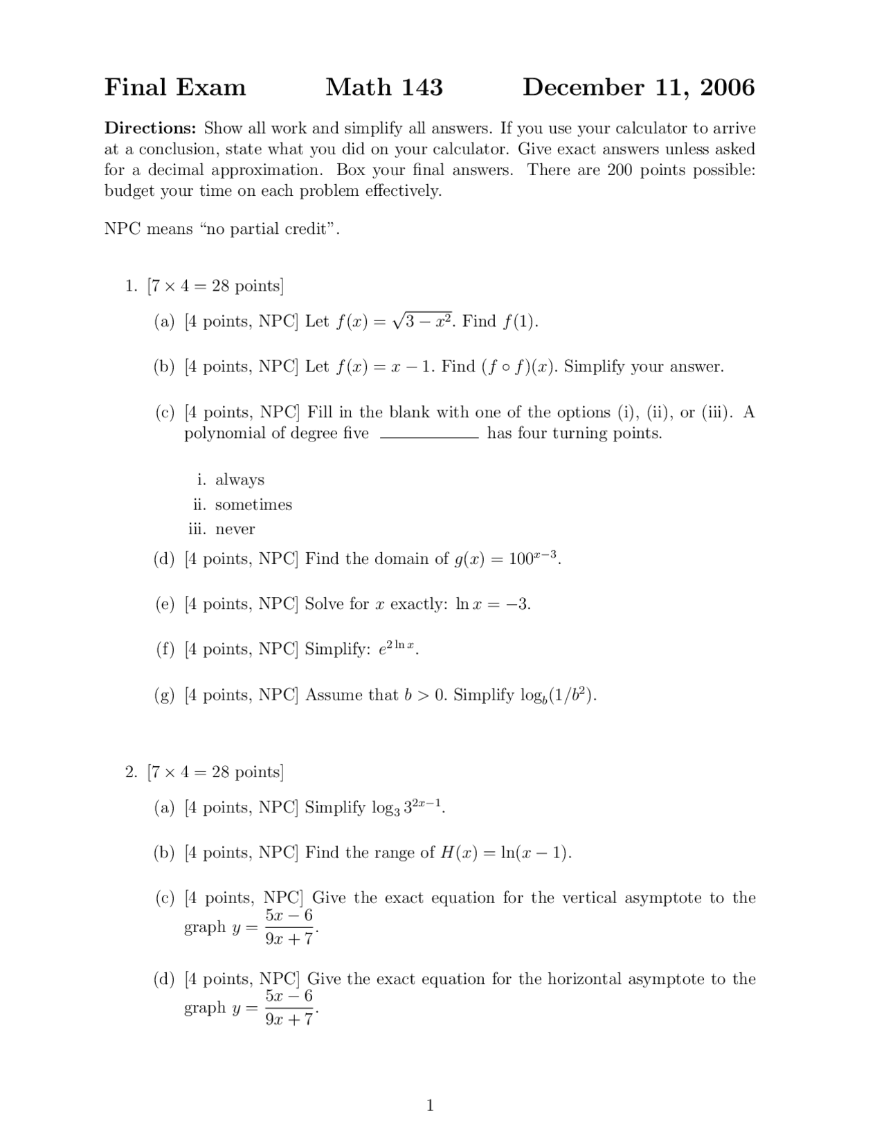 14 Problems To Find The Domain Functions Final Exam Math 143 Docsity