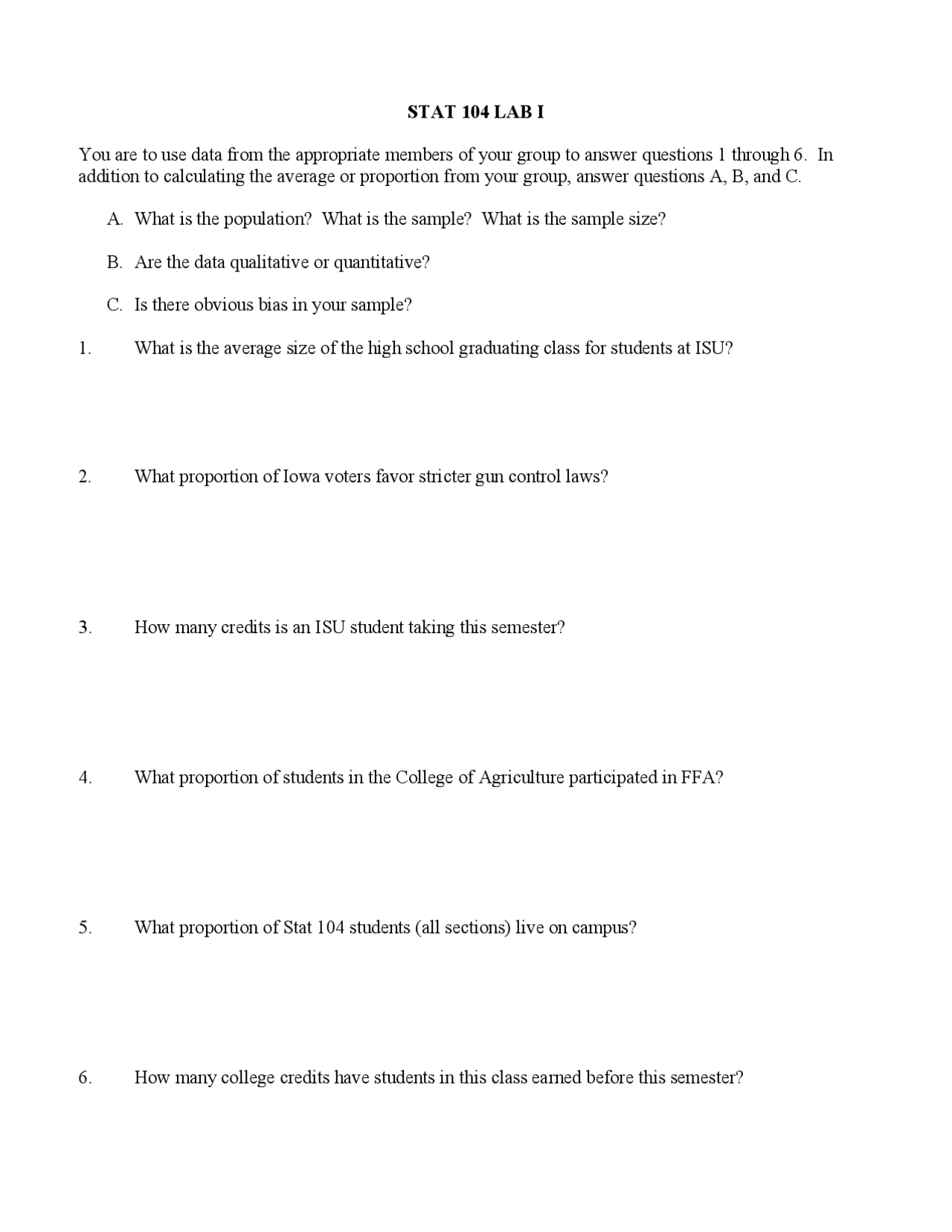 Introduction to Statistics - Laboratory 1 Questions | STAT 104 | Lab ...