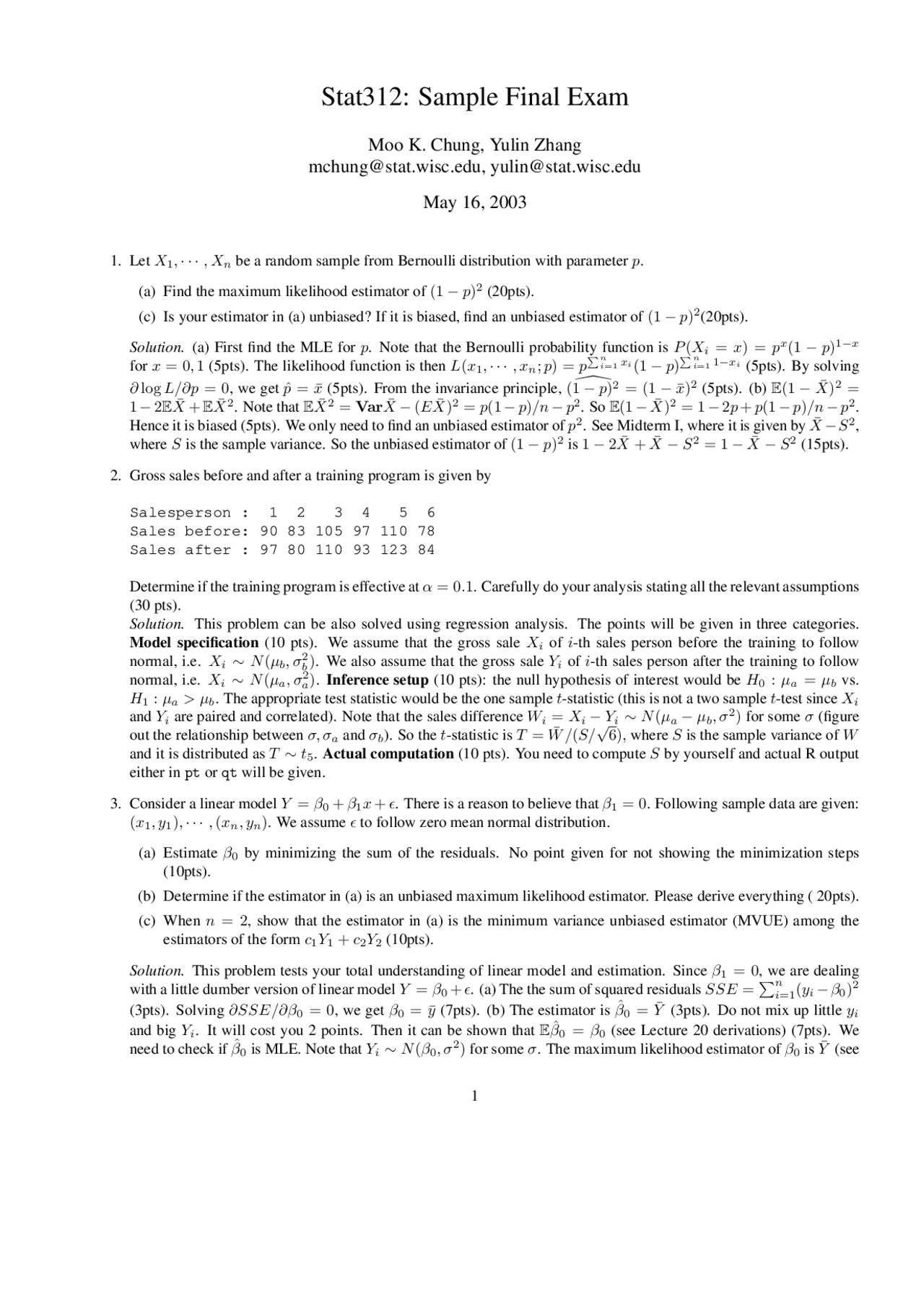 Sample Final Exam for Introduction to Mathematical Statistics | STAT 312 | Exams Mathematical ...