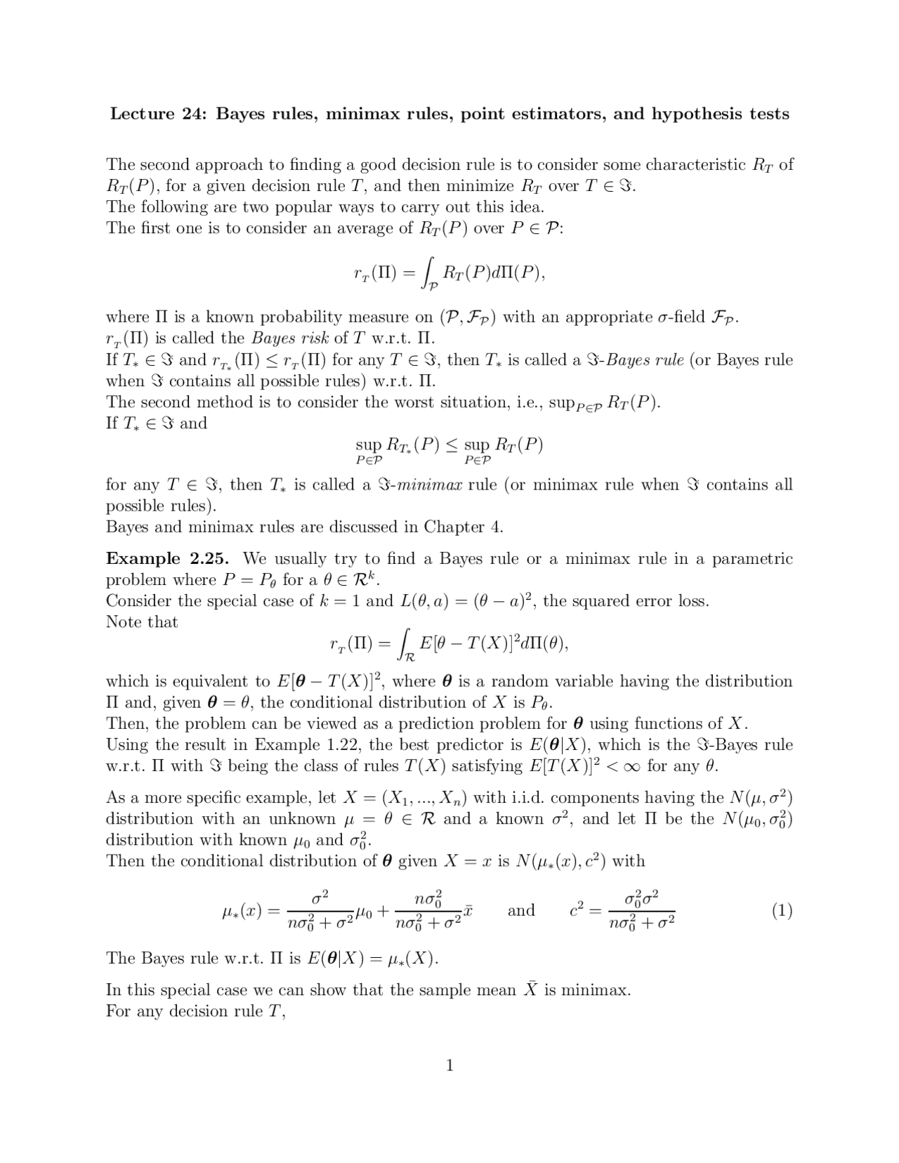 Bayes Rules Minimax Rules Point Estimators And Hypothesis Tests Stat 709 Docsity