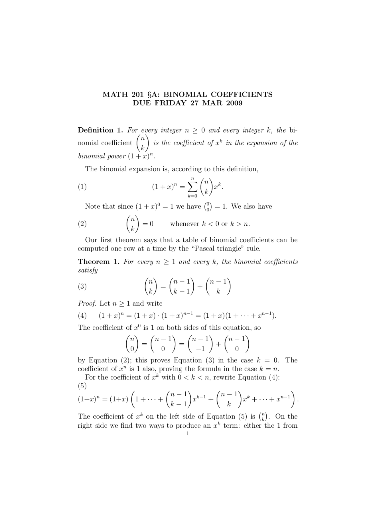 Binomial Coefficients Homework Assignment Math 201 Docsity