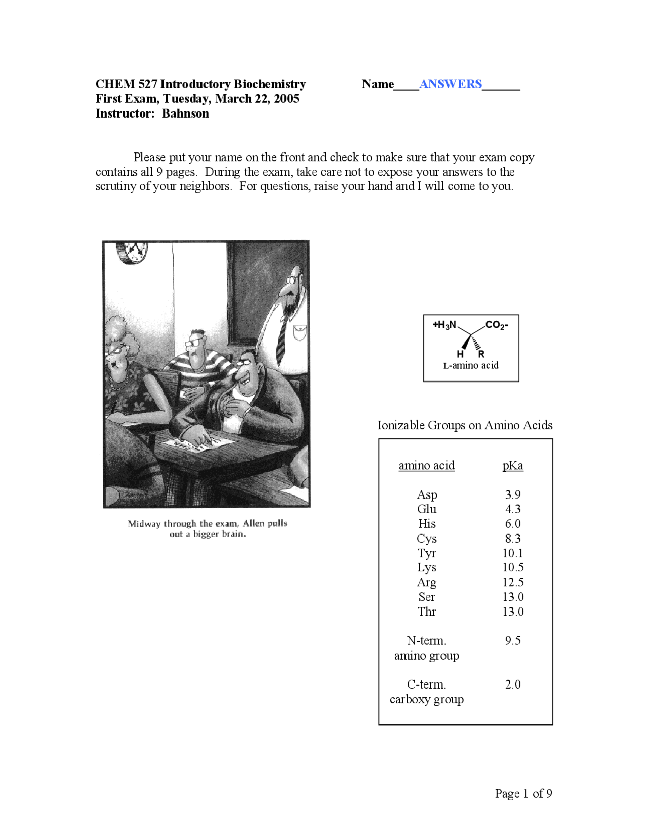 First Exam With Answers Introductory Biochemistry Chem 527 Docsity