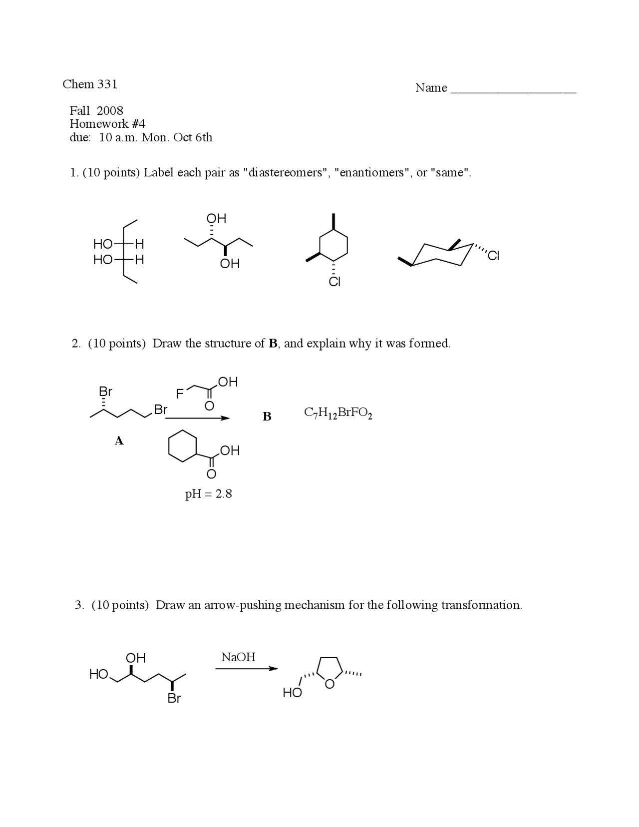 Organic Chemistry Homework 4 Chem 331 Docsity