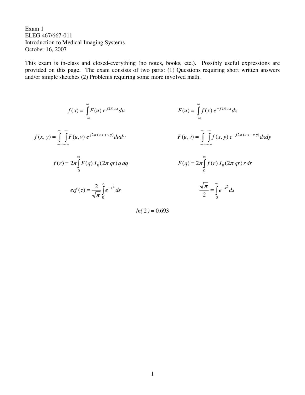 Exam 1 Questions Introduction To Medical Imaging Systems Eleg 467