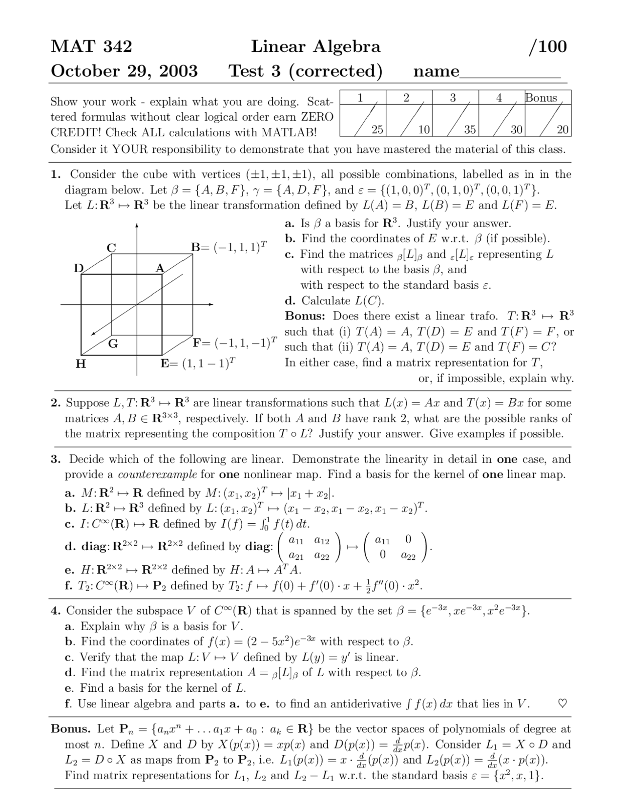 Linear Algebra Test 3 Solutions: Basis, Coordinates, Linear ...