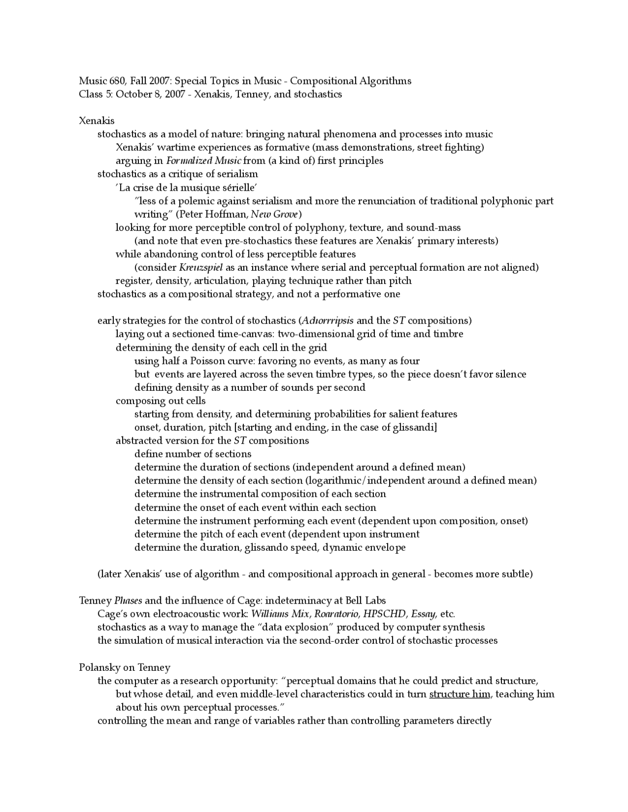 Special Topics In Music Compositional Algorithms Music 680 Docsity