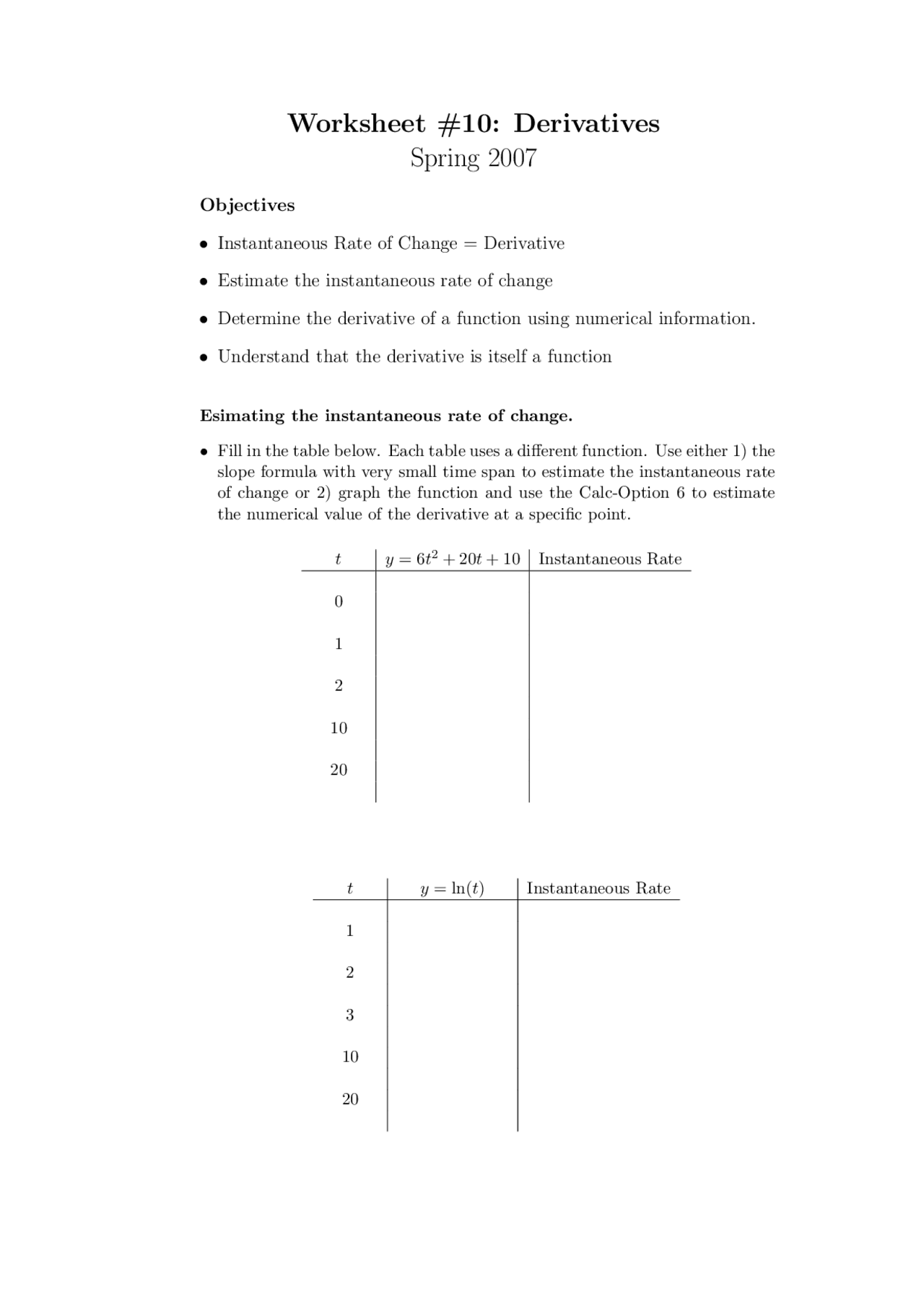 Derivatives Worksheet 10 Spring 2007 Math 122 Docsity
