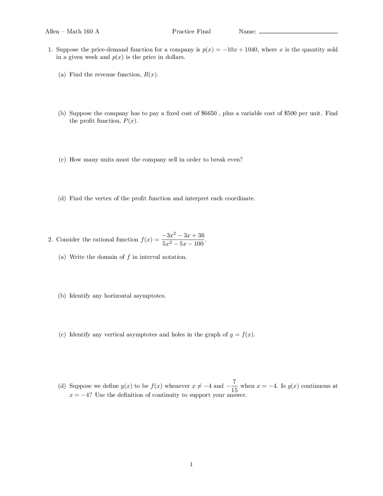 18 Questions Of Survey Of Calculus Practice Final Exam Math 160