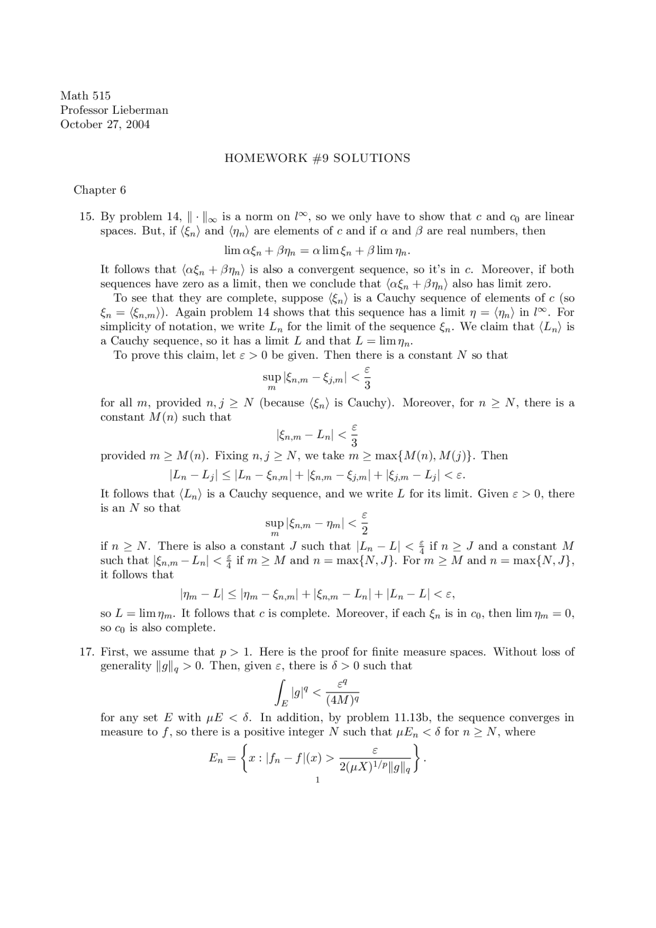Homework 9 With Solutions Real Analysis I Math 515 Docsity